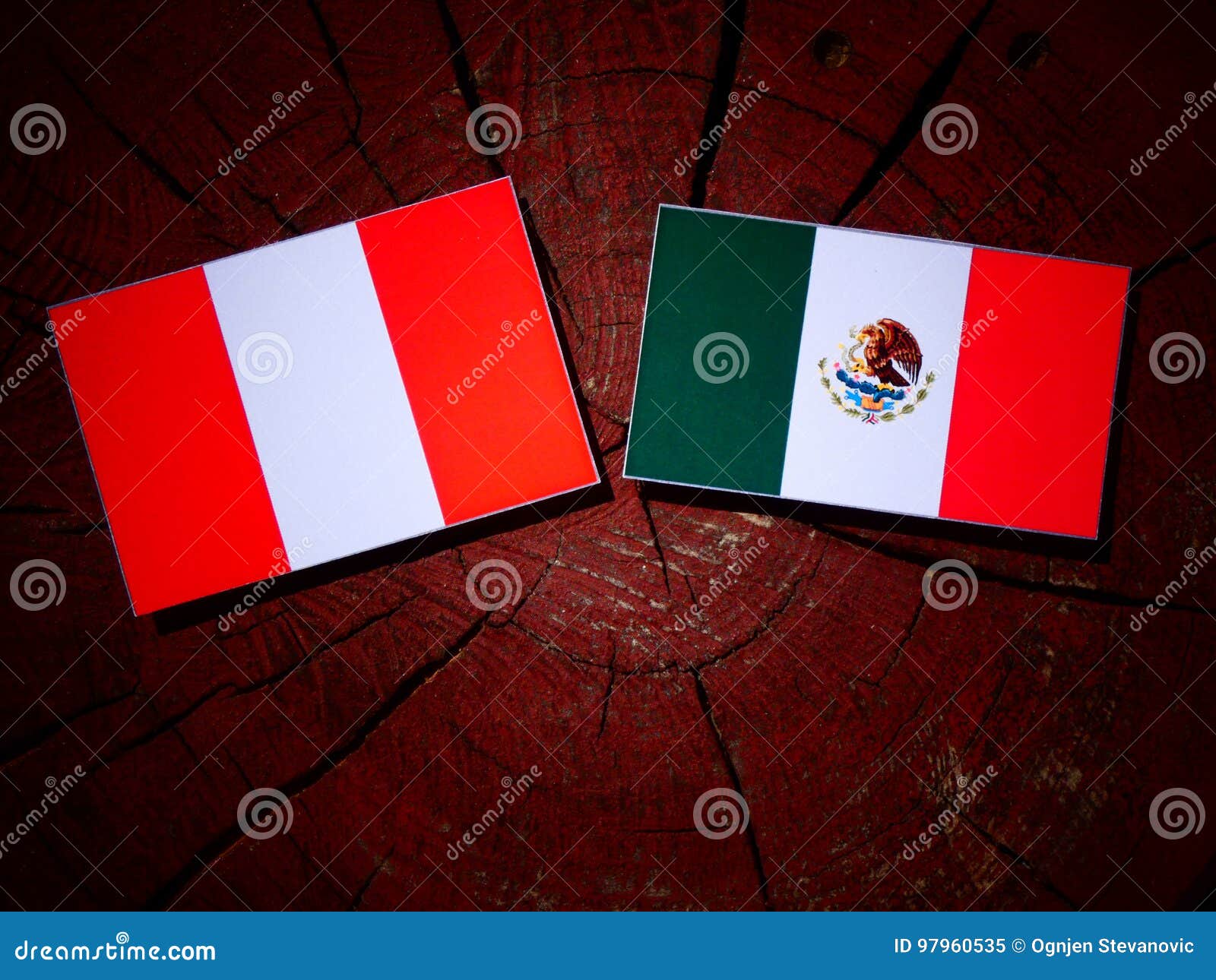Peruvian Flag with Mexican Flag on a Tree Stump Isolated Stock Image ...