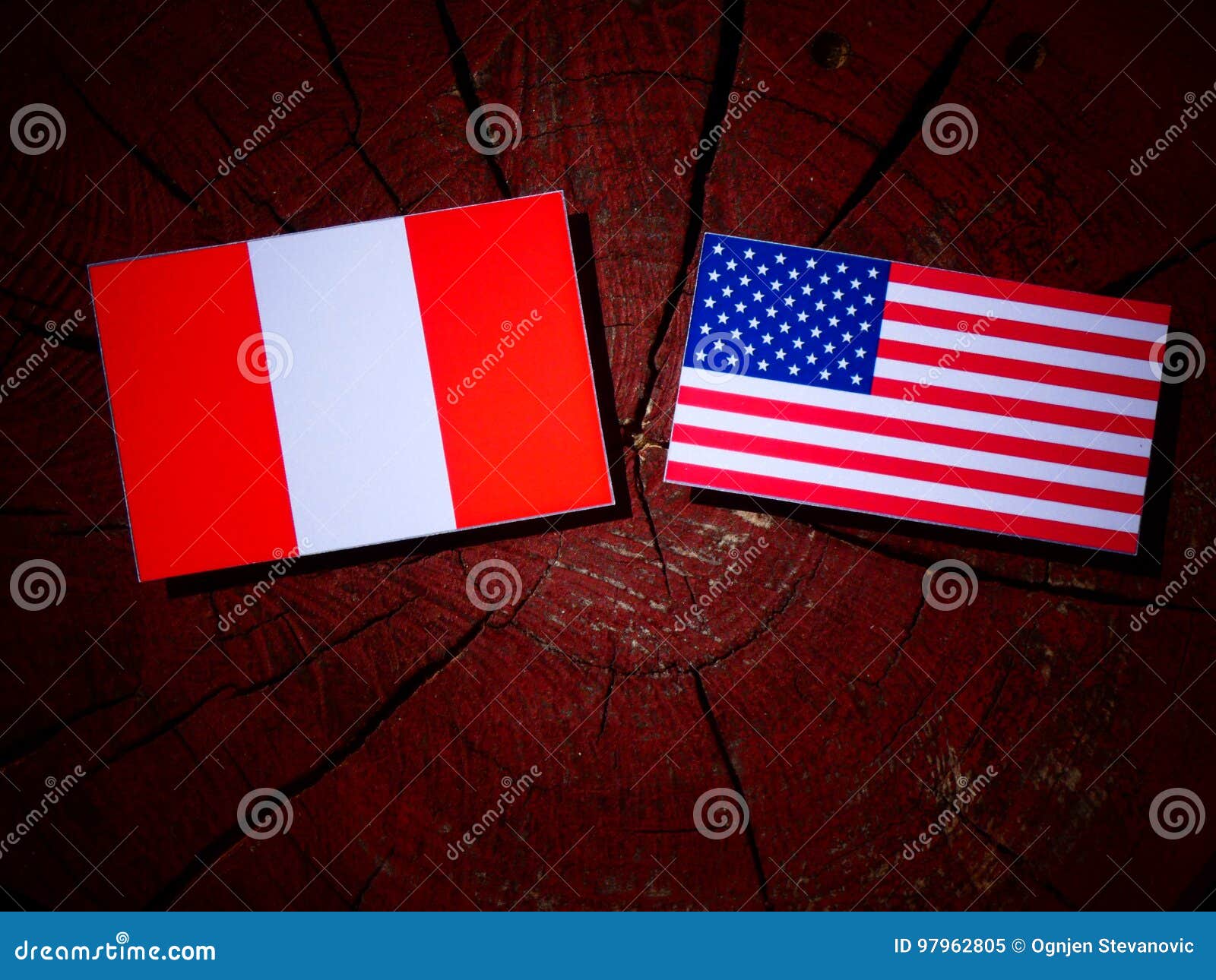 Peruvian Flag with USA Flag on a Tree Stump Stock Image - Image of flag ...