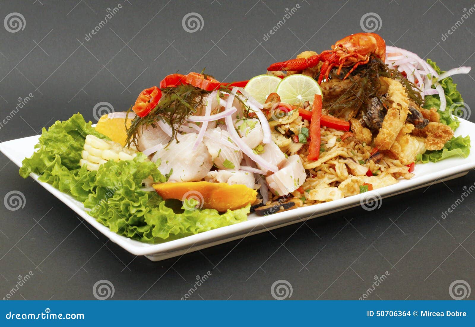 Peruvian Food: Combined Rice, Fried Fish and Ceviche Stock Photo ...