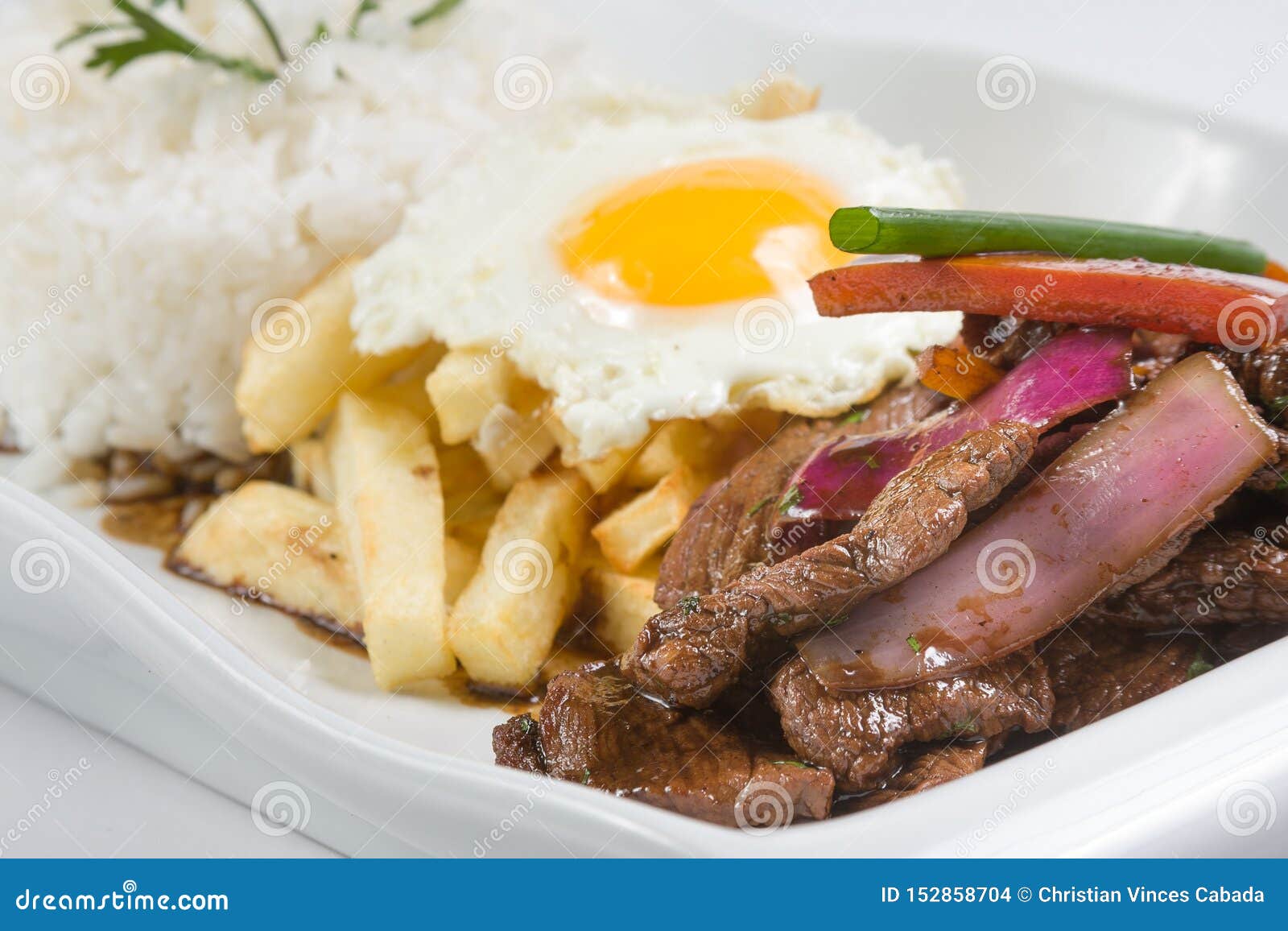 Peruvian Food or Lomo Saltado with Rice and Fried Egg Stock Photo ...