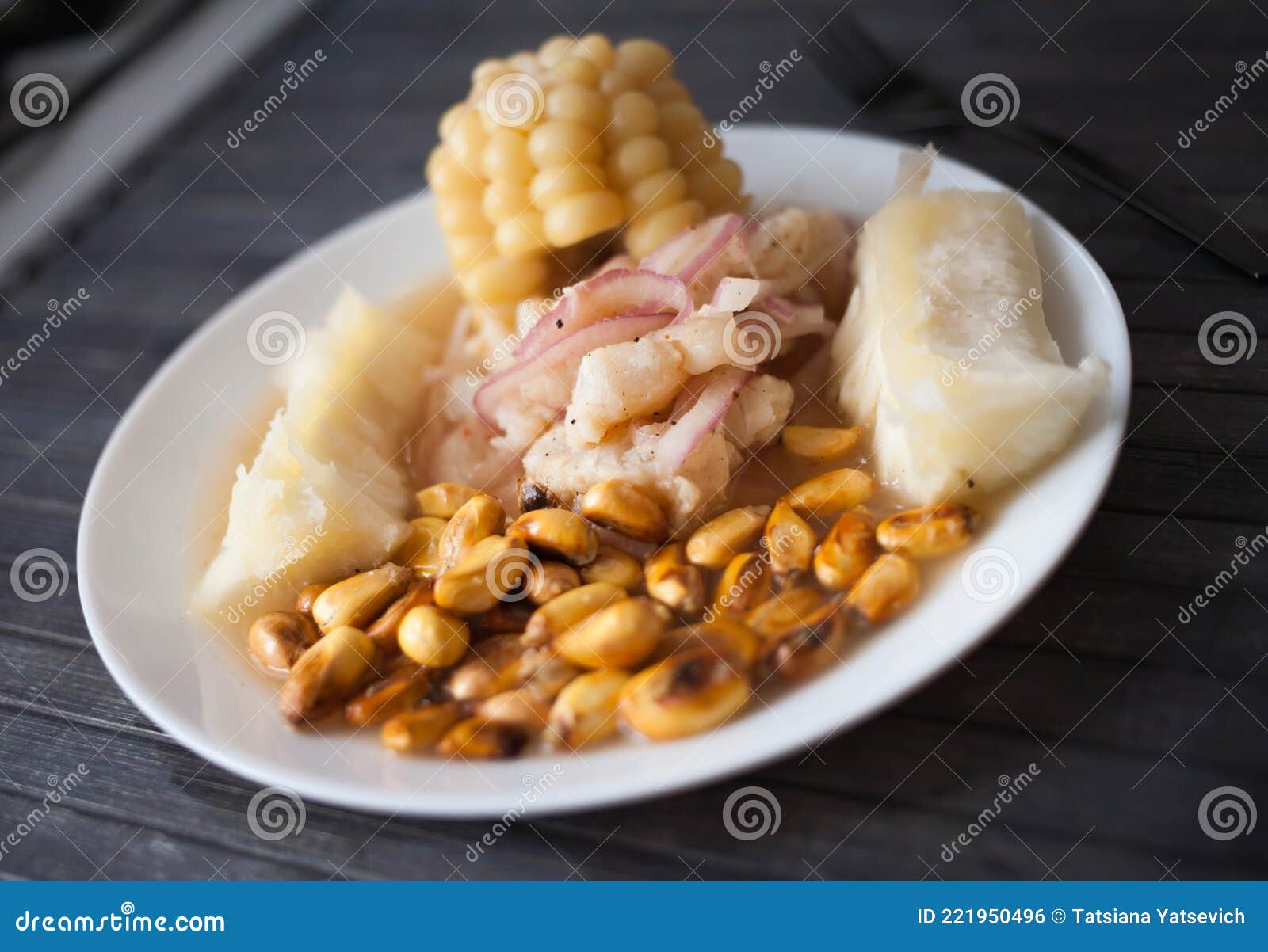 Peruvian Traditional Dish.fish Ceviche with Yuka and Corn Stock Photo ...