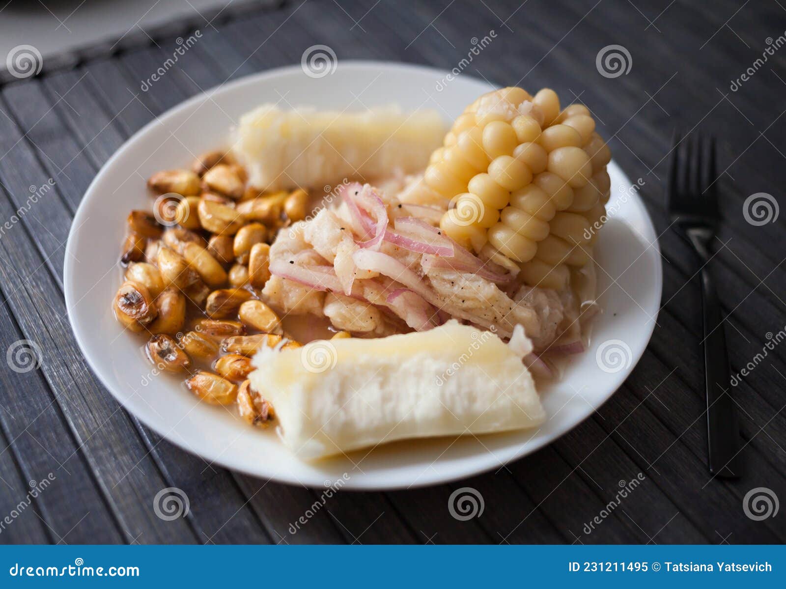 Peruvian Traditional Dish.fish Ceviche with Yuka and Corn Stock Image ...