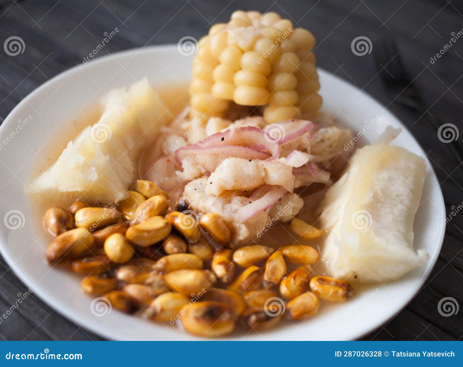 Peruvian Traditional Dish.fish Ceviche with Yuka and Corn Stock Photo ...
