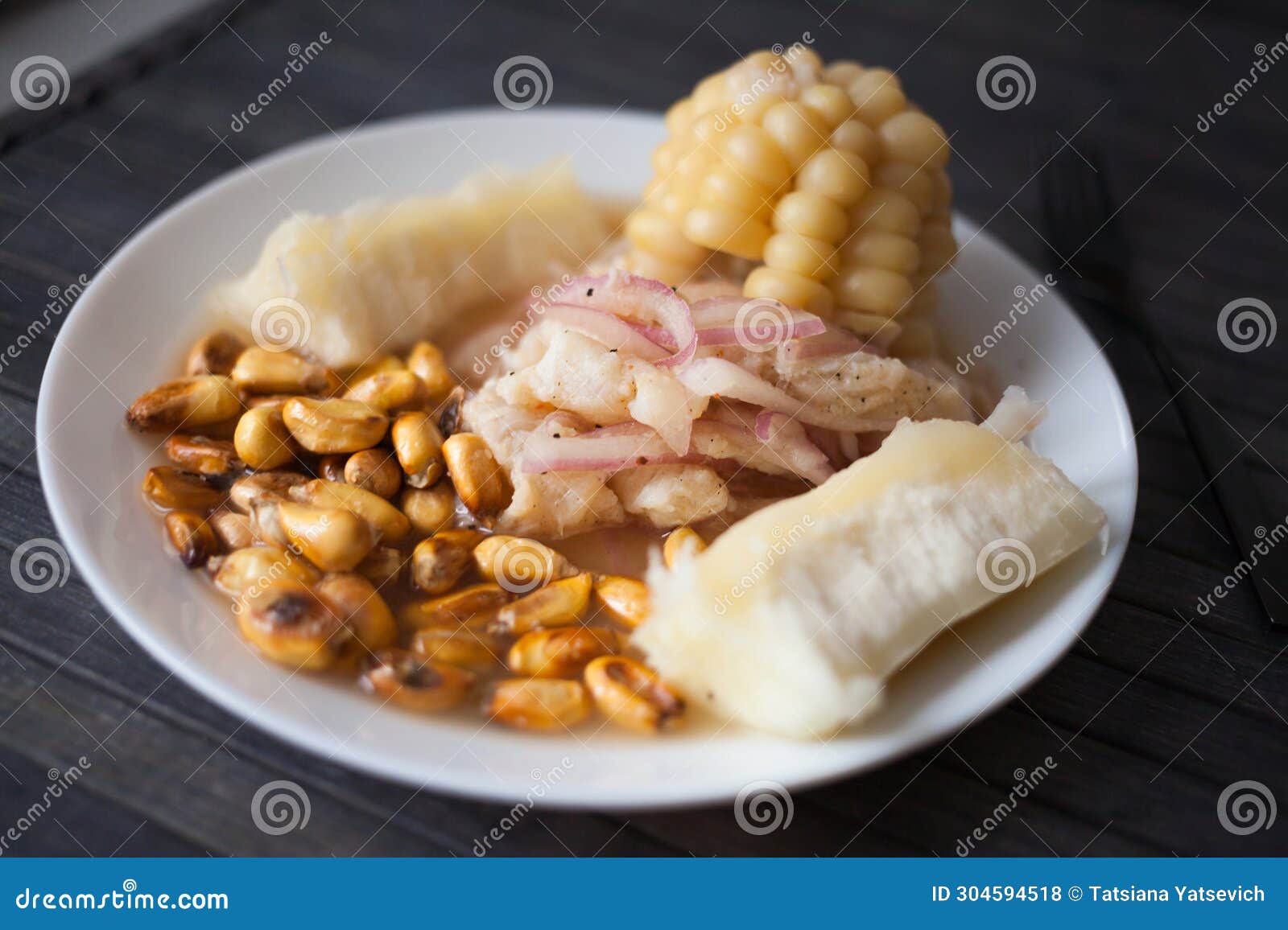 Peruvian Traditional Dish.fish Ceviche with Yuka and Corn Stock Photo ...