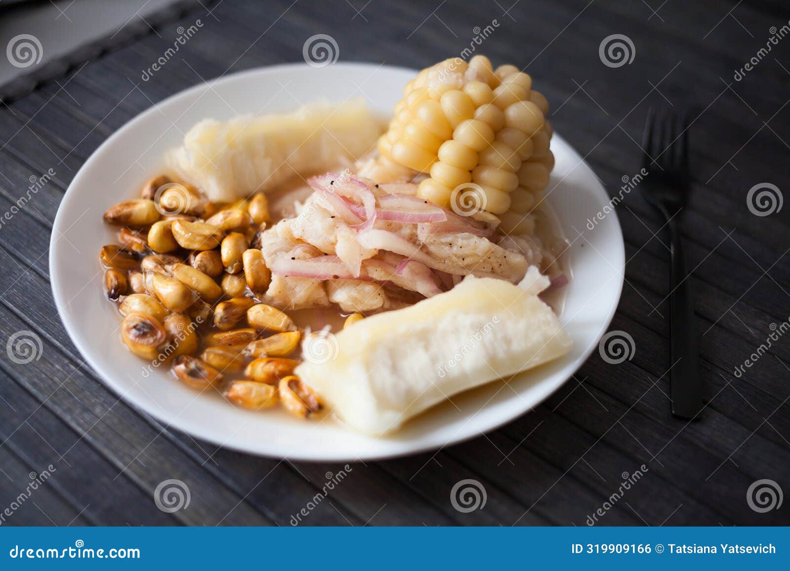 Peruvian Traditional Dish.fish Ceviche with Yuka and Corn Stock Photo ...