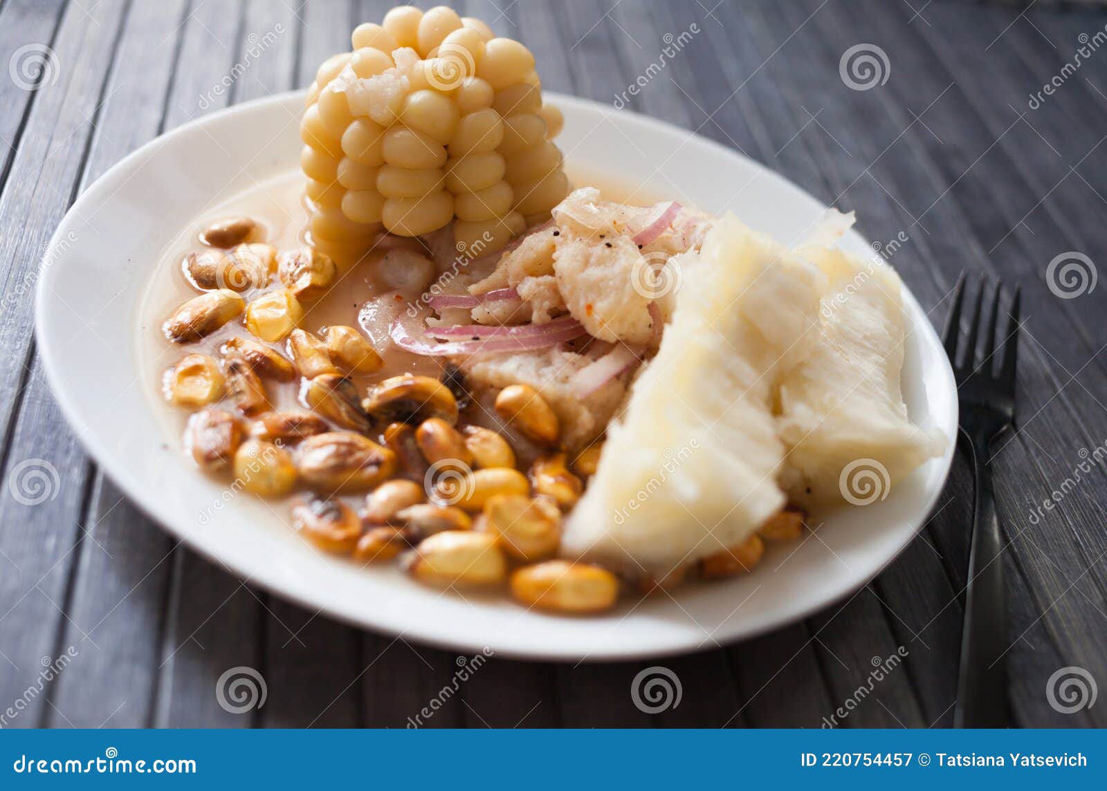 Peruvian Traditional Dish.fish Ceviche with Yuka and Corn Stock Image ...