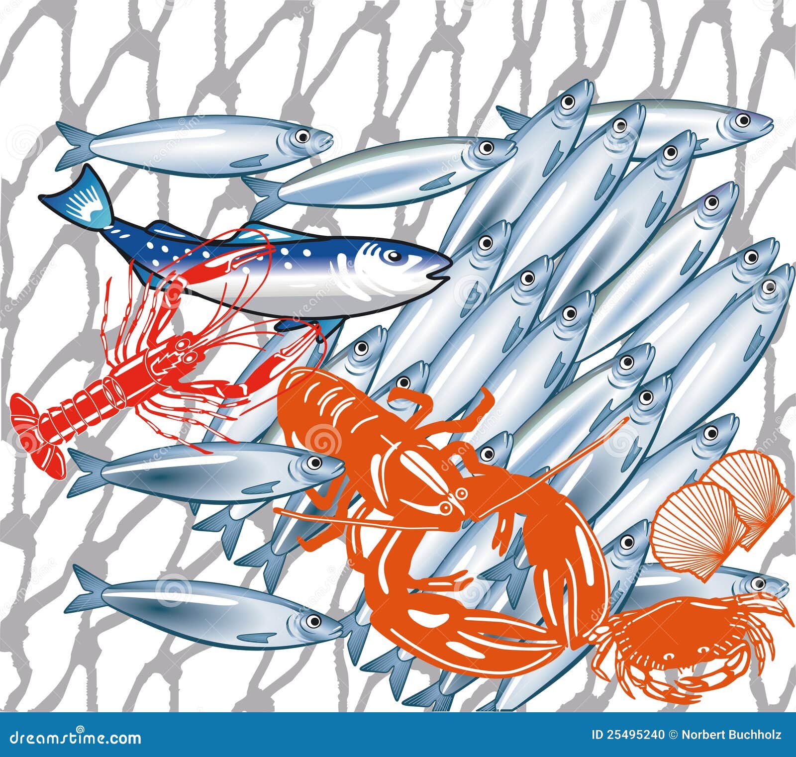 Pescados En La Red De Pesca Ilustración del Vector - Ilustración de ...