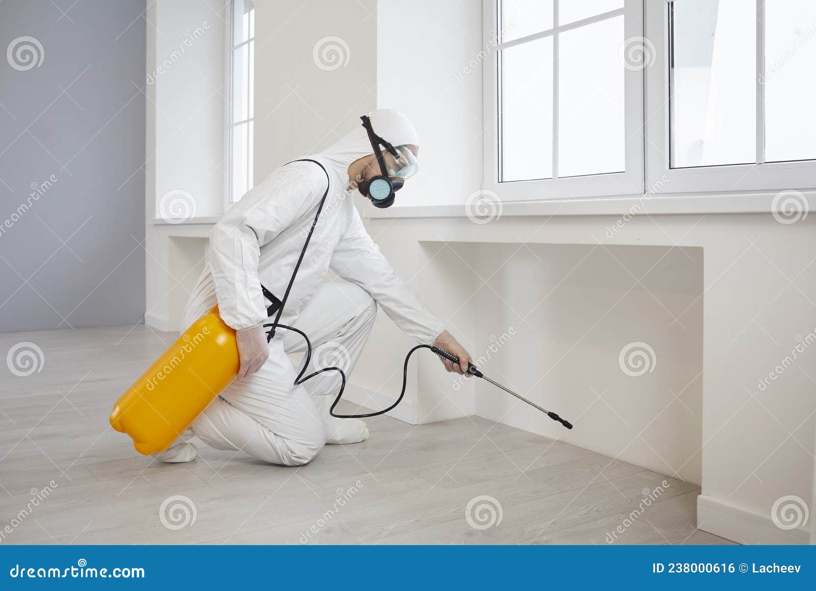 Pest Control Exterminator in Protective Mask and Suit Spraying ...