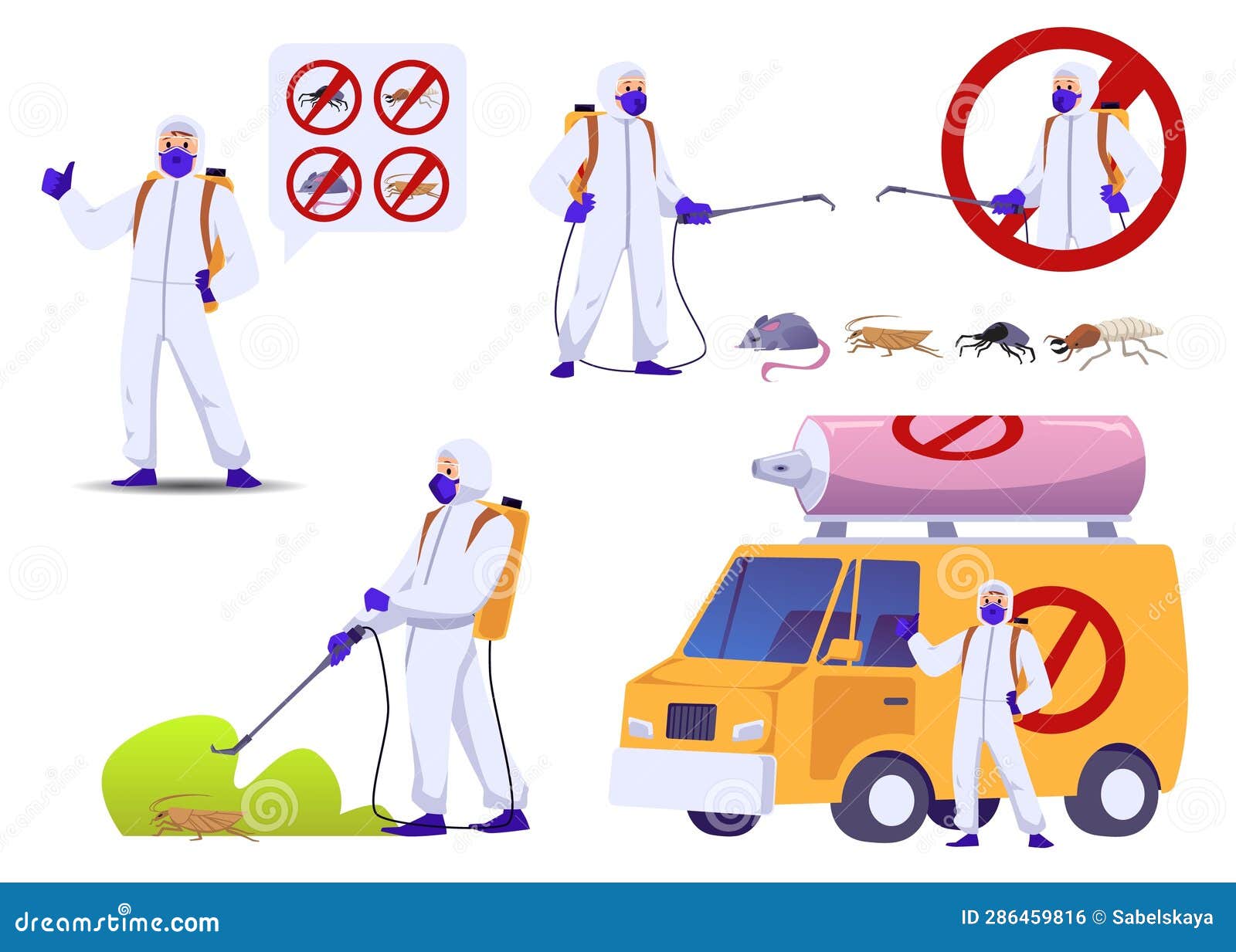 Pest Control Service Exterminator, Set of Flat Vector Illustrations ...