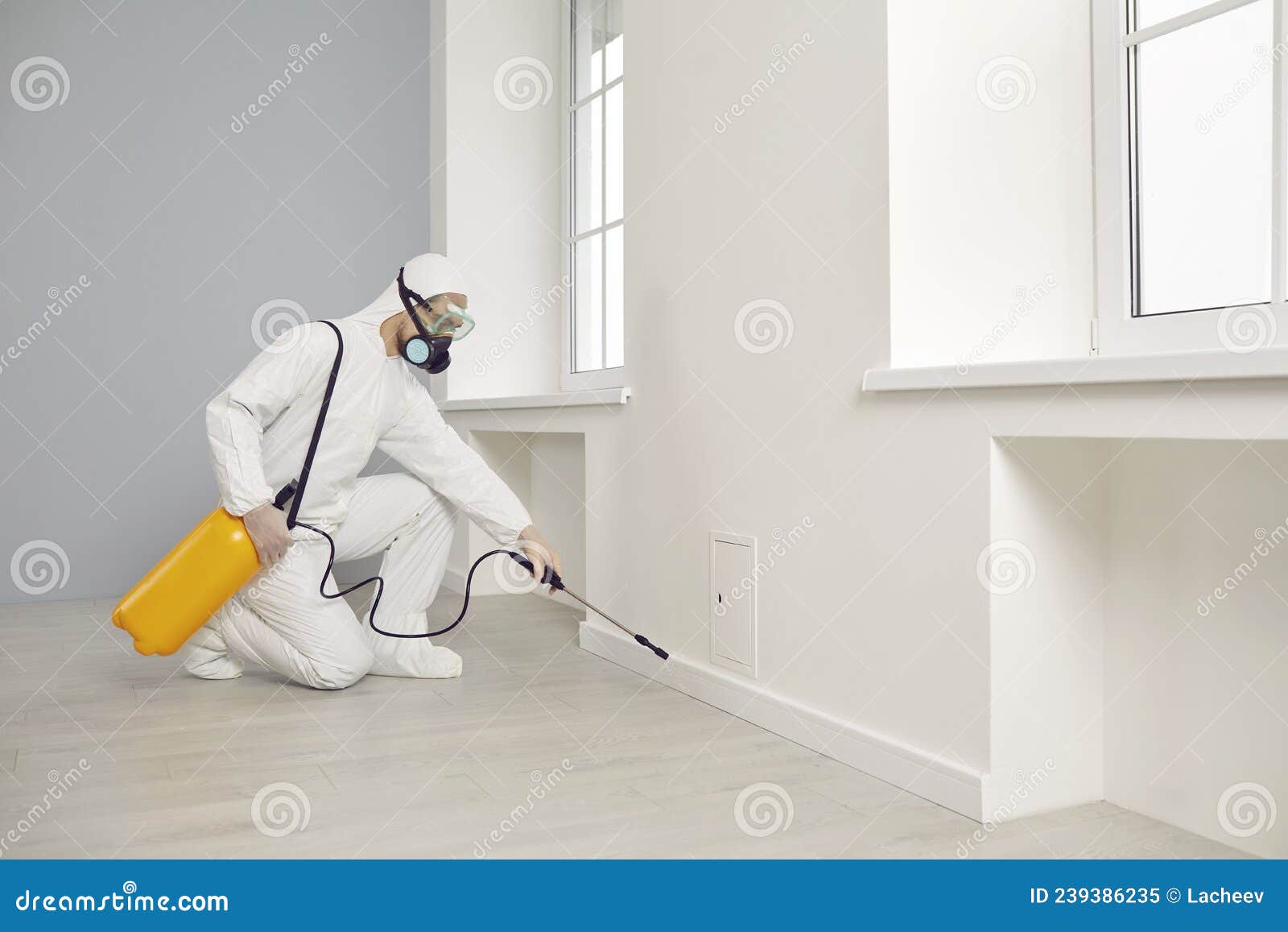 Pest Control Service Worker in Protective Uniform Spraying Insecticide ...