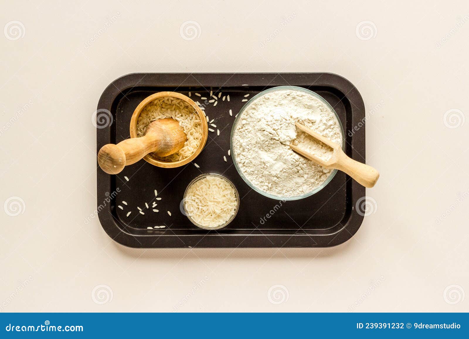 Pestle Rice Flour - Grains with Mortar on Kitchen Table Stock Photo ...