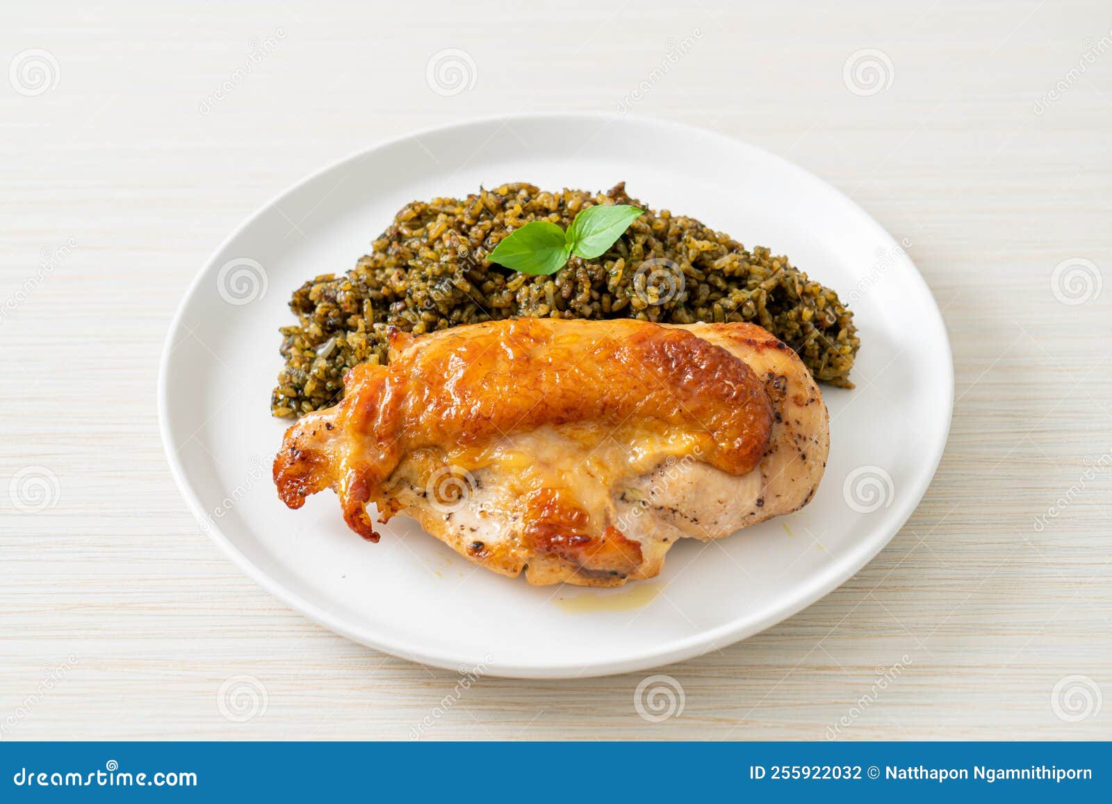 Pesto Fried Rice with Grilled Chicken Stock Photo - Image of bake, bowl ...