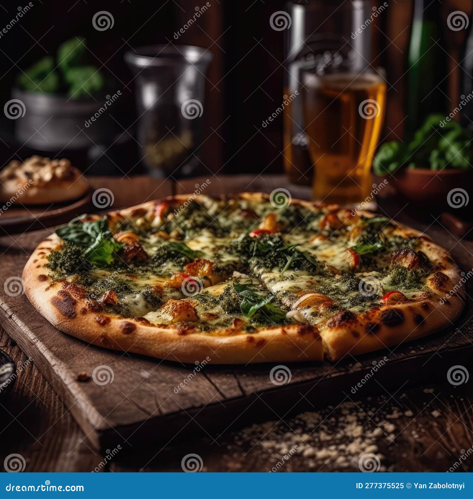 Pesto Pizza on Stone in Rustic Pub. Generative AI Stock Illustration ...