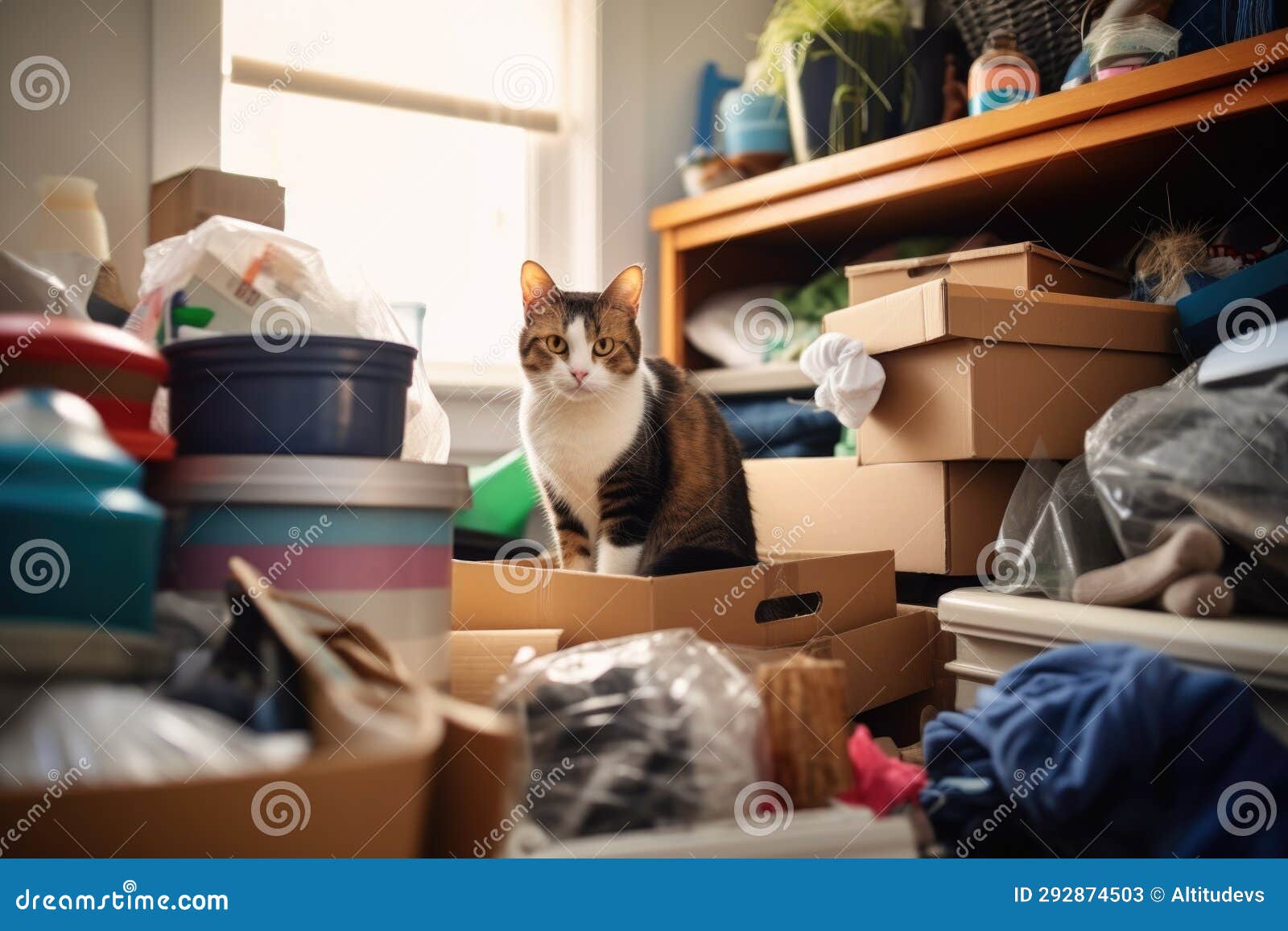 A Pet Cat Exploring a Room Filled with Packed Moving Boxes Stock Image ...