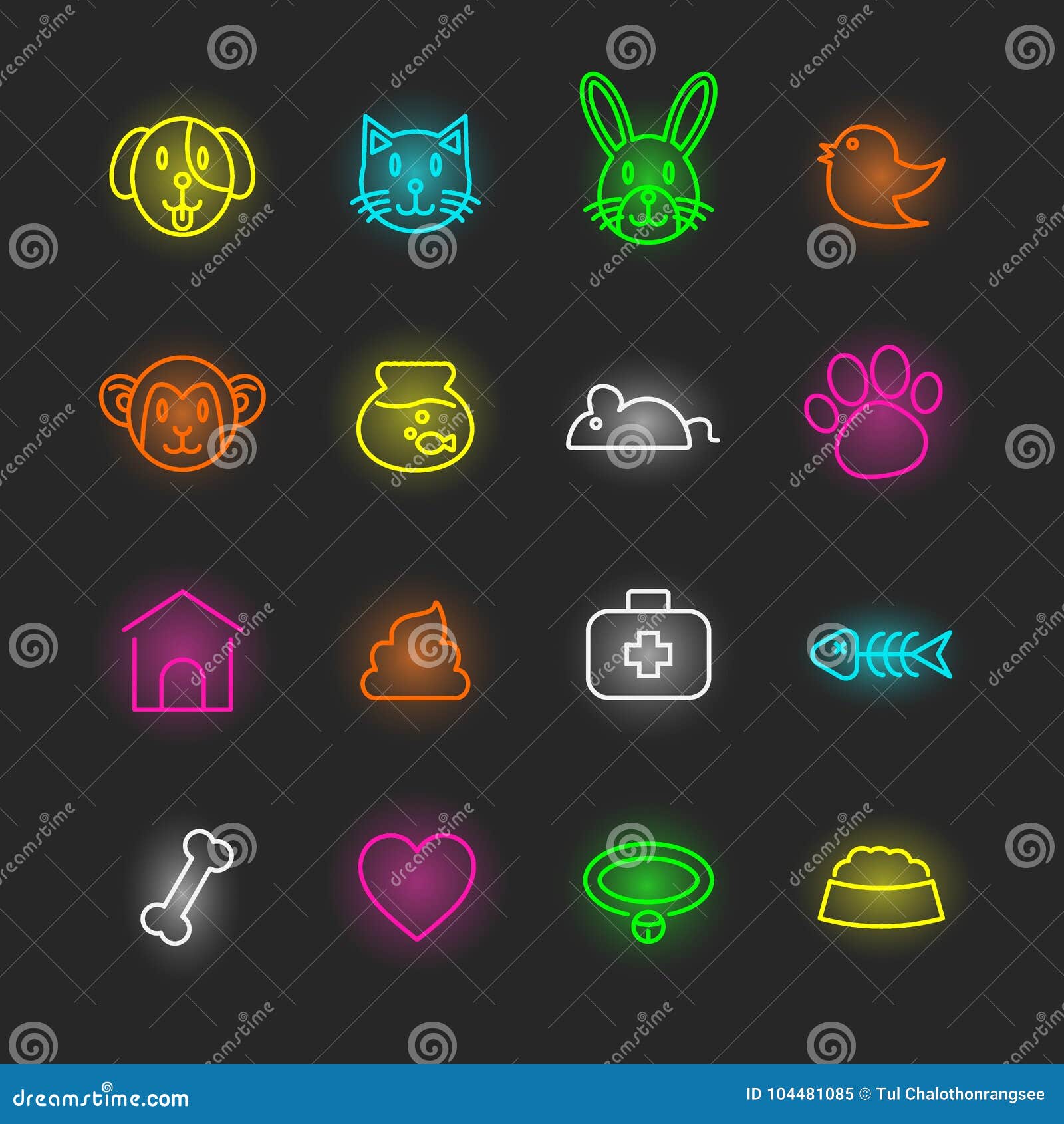 Pet neon icon set stock illustration. Illustration of design - 104481085