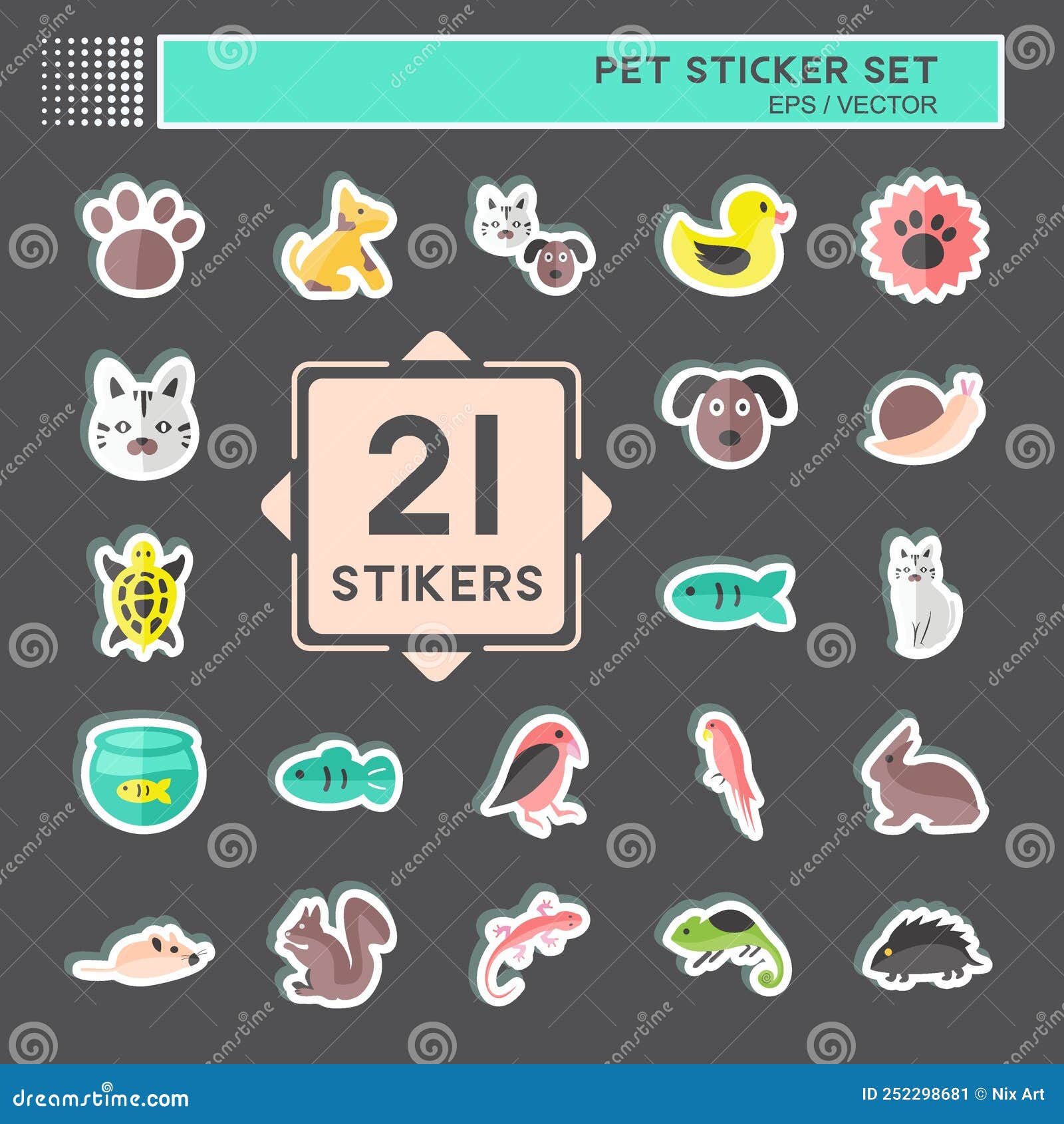 Pet Sticker Set in Trendy Isolated on Black Background Stock ...