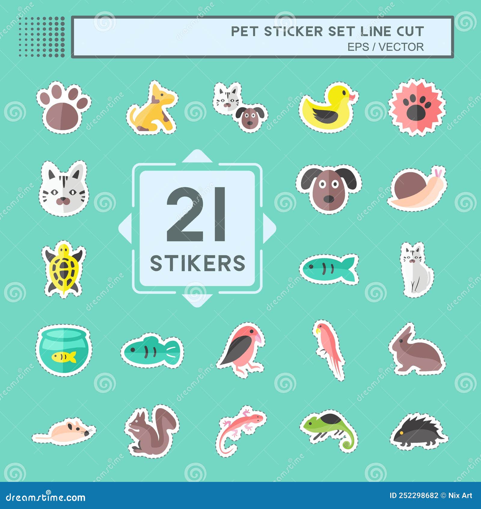 Pet Sticker Set in Trendy Line Cut Isolated on Blue Background Stock ...