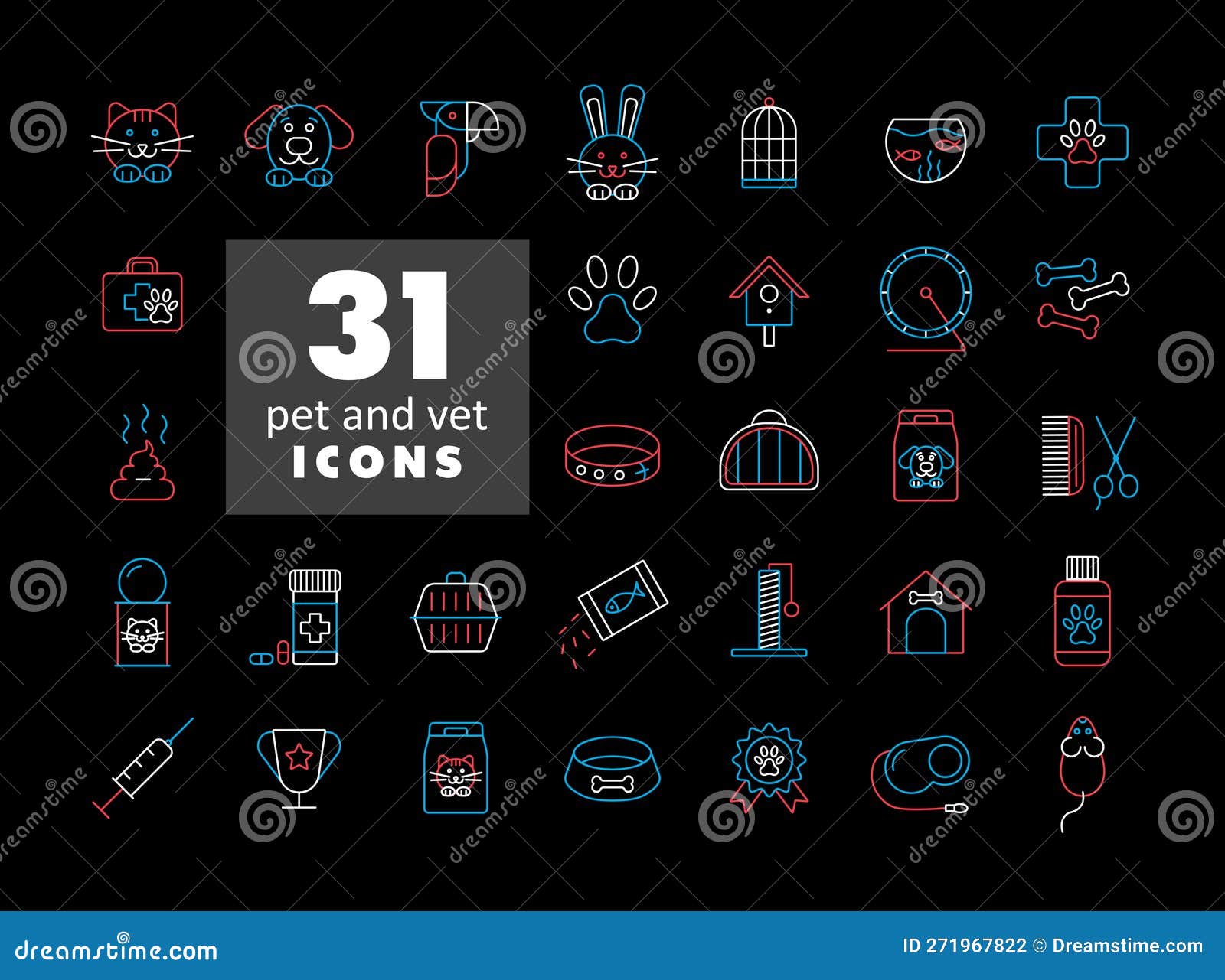 Pet and Vet Vector Icon Set on Black Background Stock Illustration ...