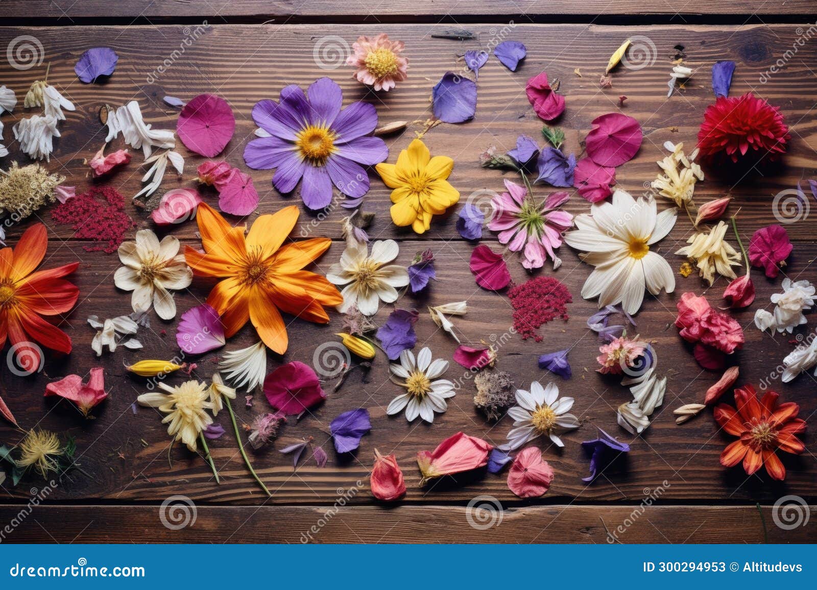 Petals of Various Flower Types Scattered on a Wooden Table Stock Image ...