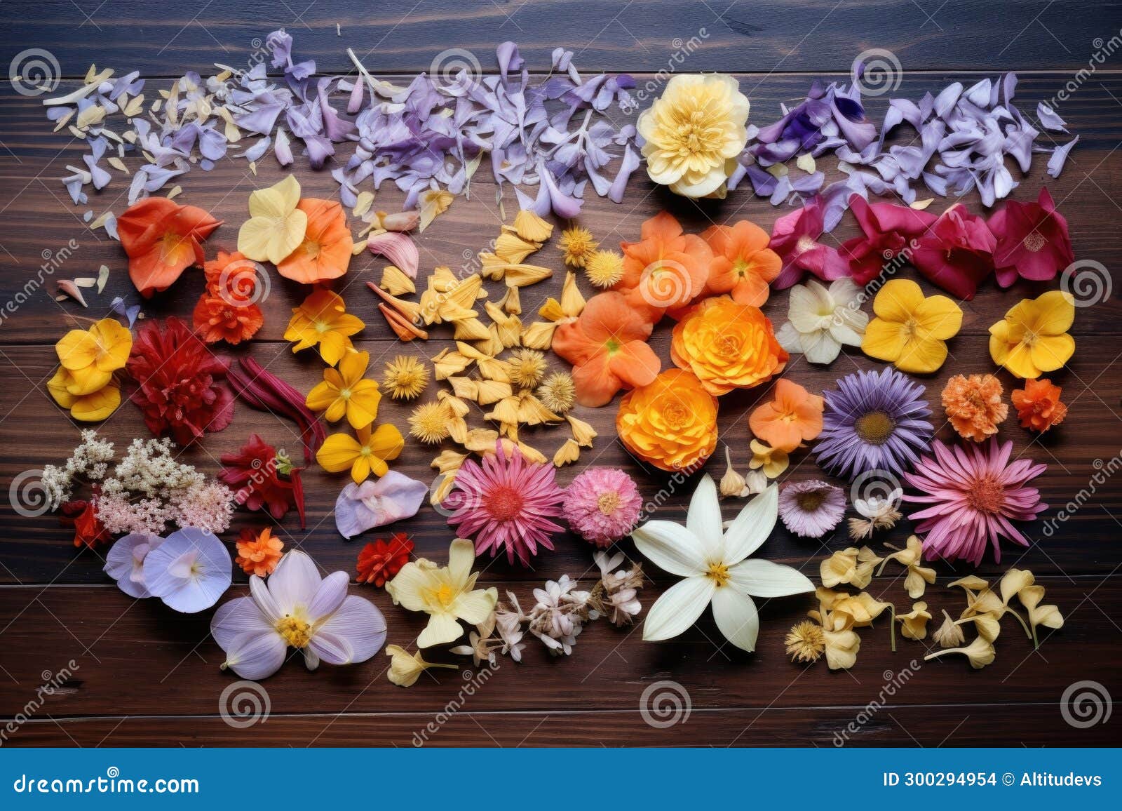 Petals of Various Flower Types Scattered on a Wooden Table Stock Photo ...