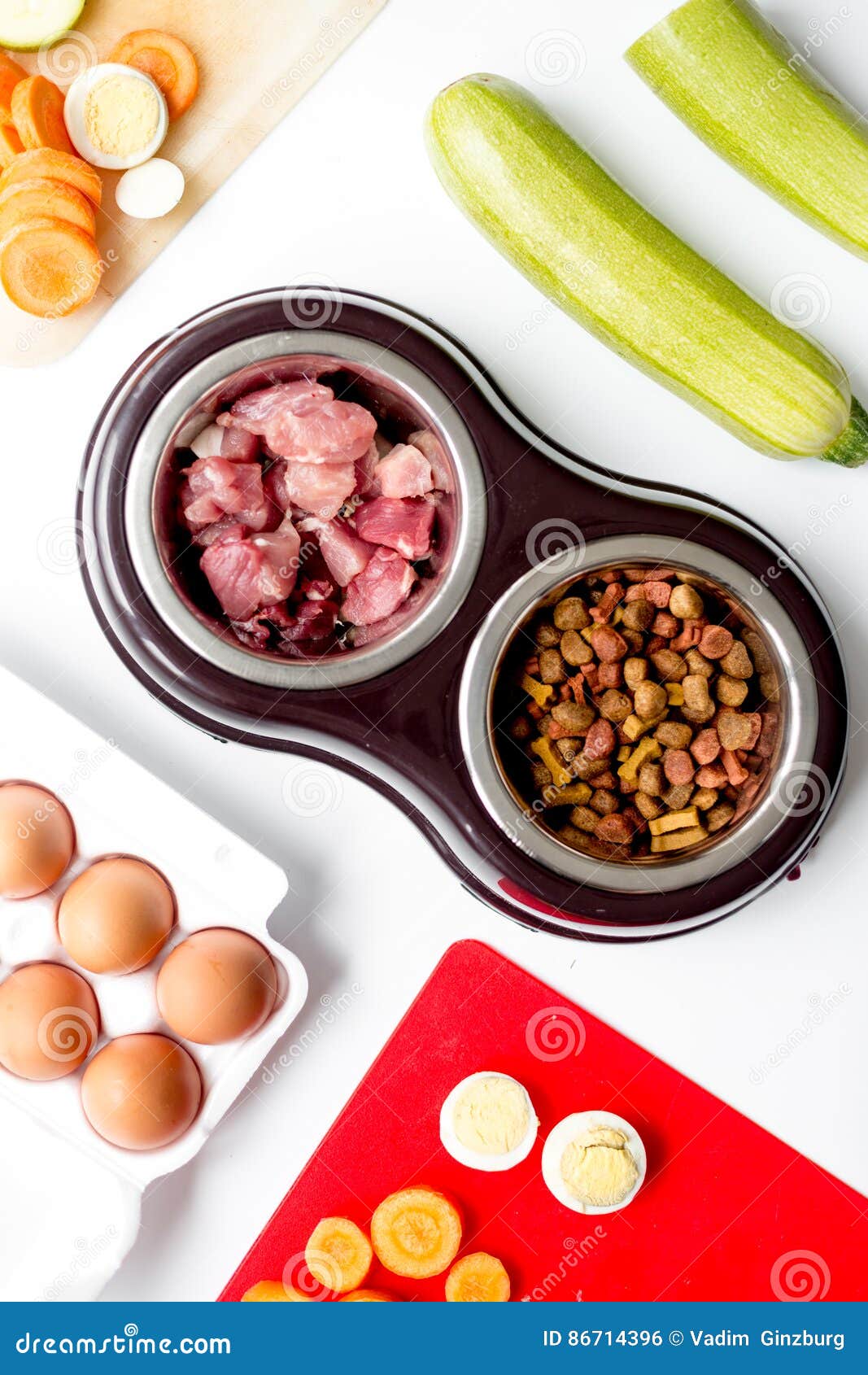 Petfood Set with Vegetables and Eggs on Kitchen Table Background Top ...