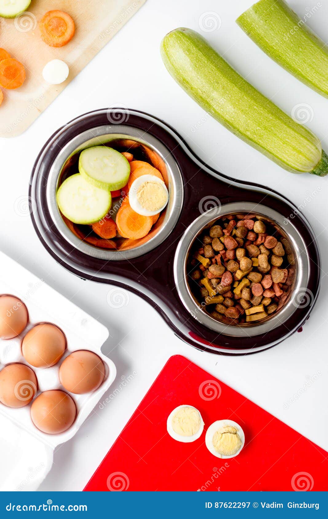 Petfood Set with Vegetables and Eggs on Kitchen Table Background Top ...