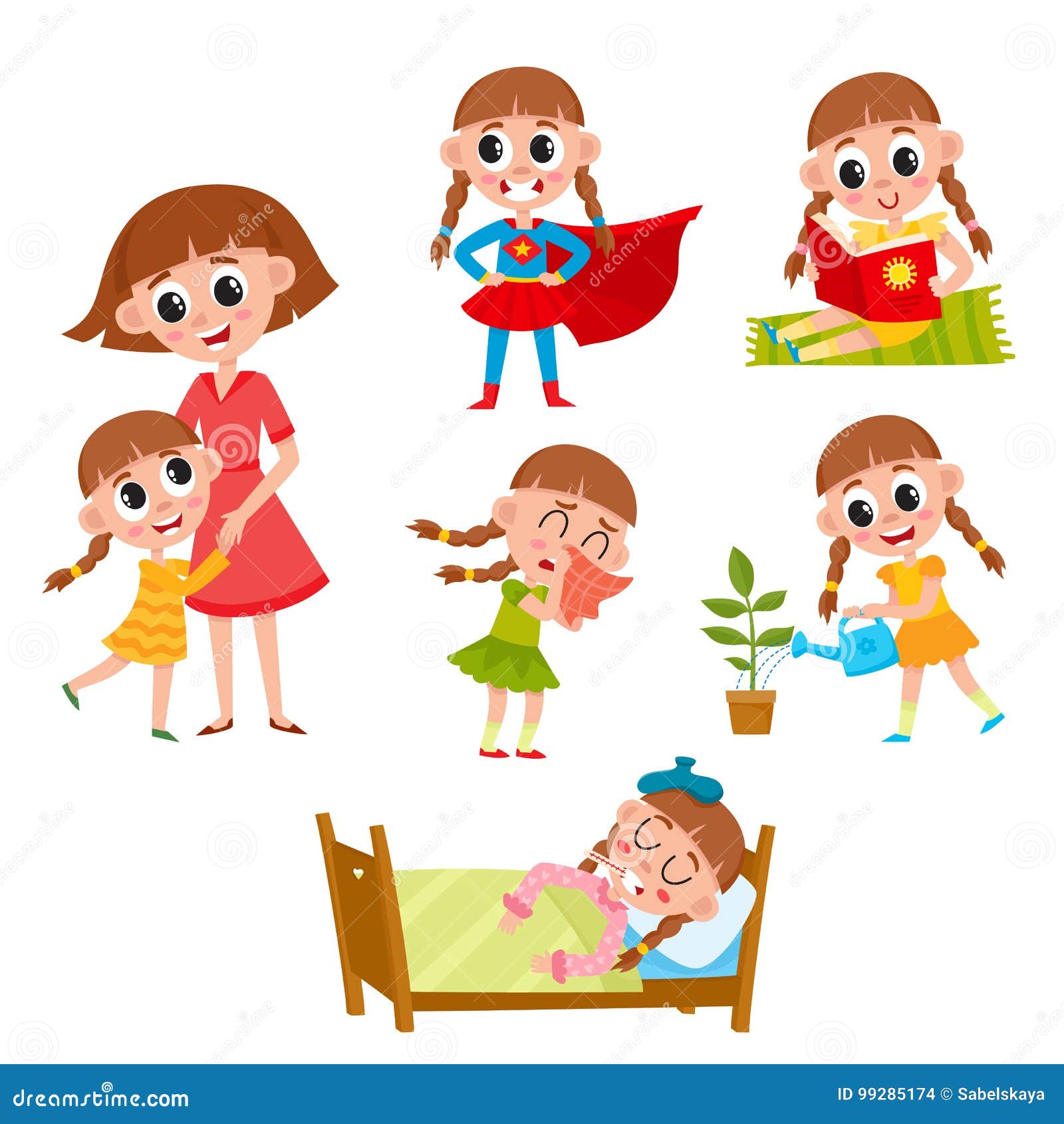 Petite Fille, Ensemble Quotidien De Routine Illustration de Vecteur ...