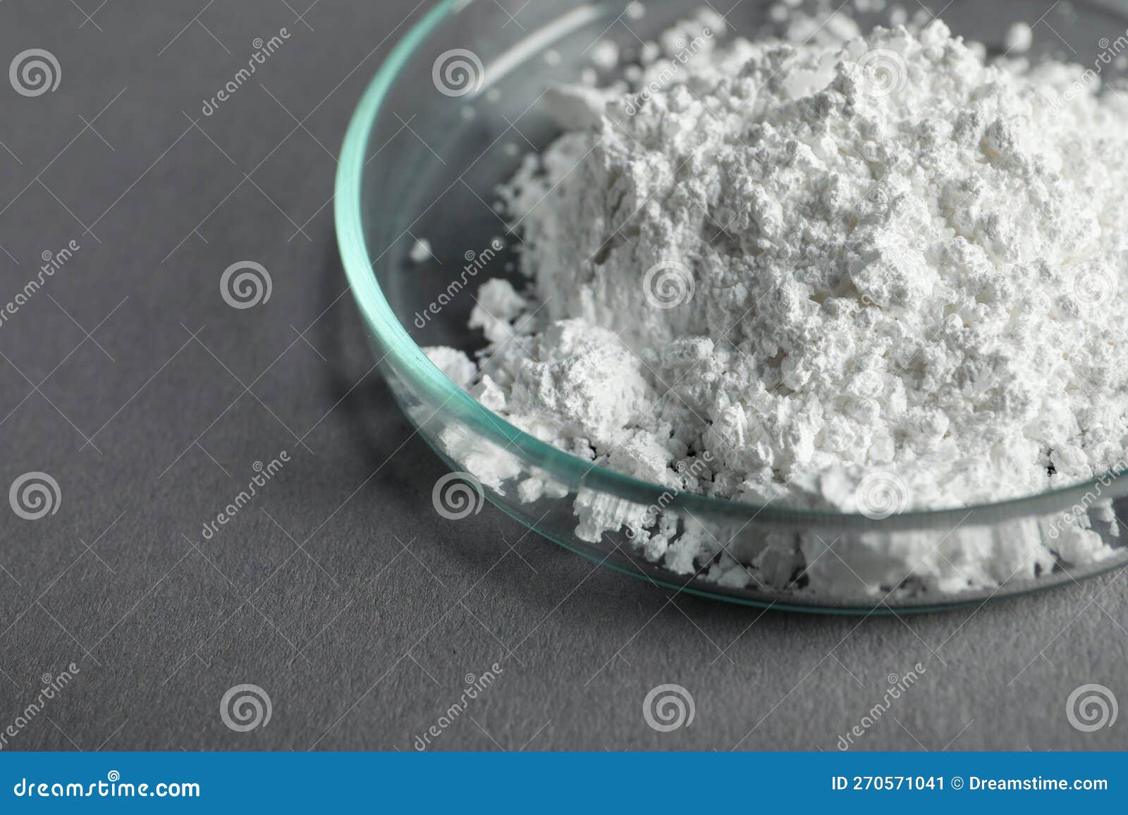 Petri Dish with Calcium Carbonate Powder on Grey Table, Closeup. Space ...