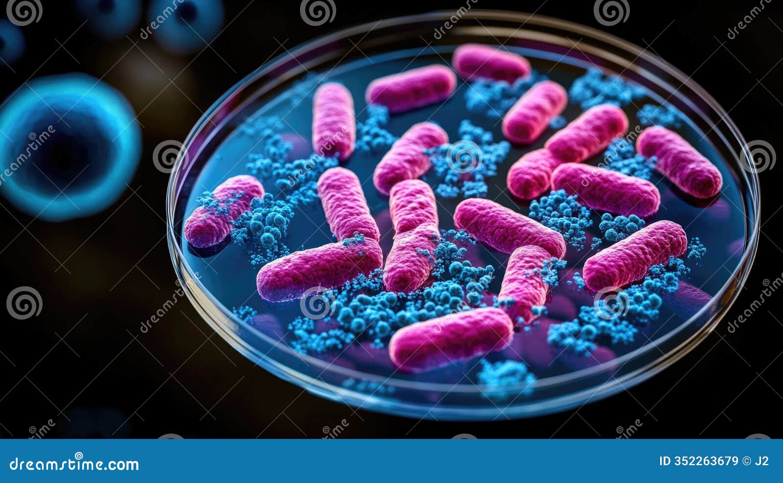 Petri Dish with Pink and Blue Bacteria Culture Under Microscope Stock ...