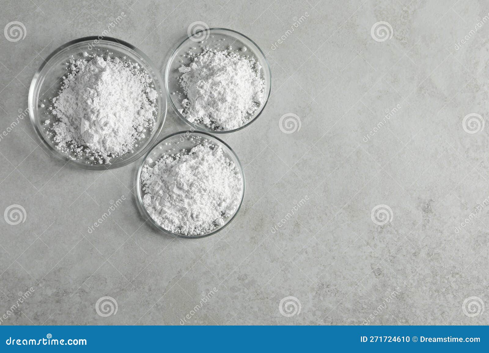 Petri Dishes with Calcium Carbonate Powder on Light Grey Table, Flat ...