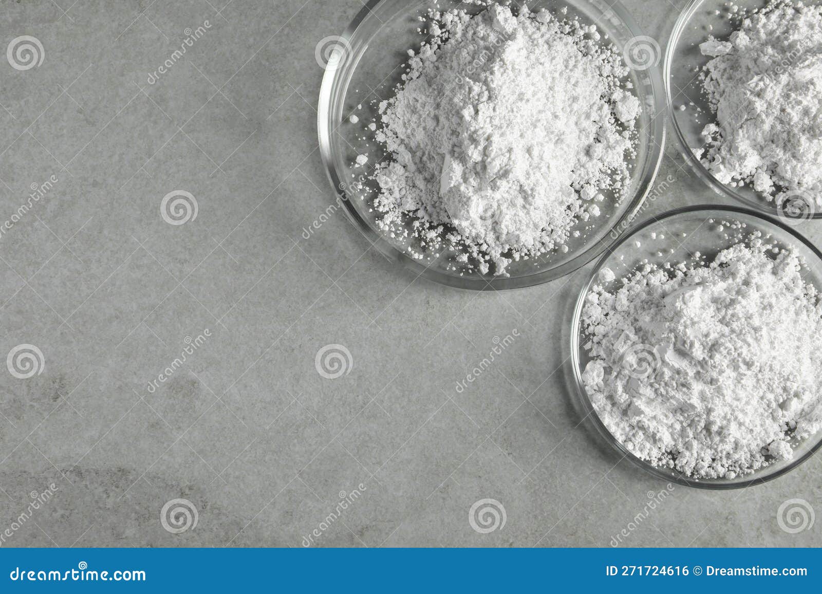 Petri Dishes with Calcium Carbonate Powder on Light Grey Table, Flat ...