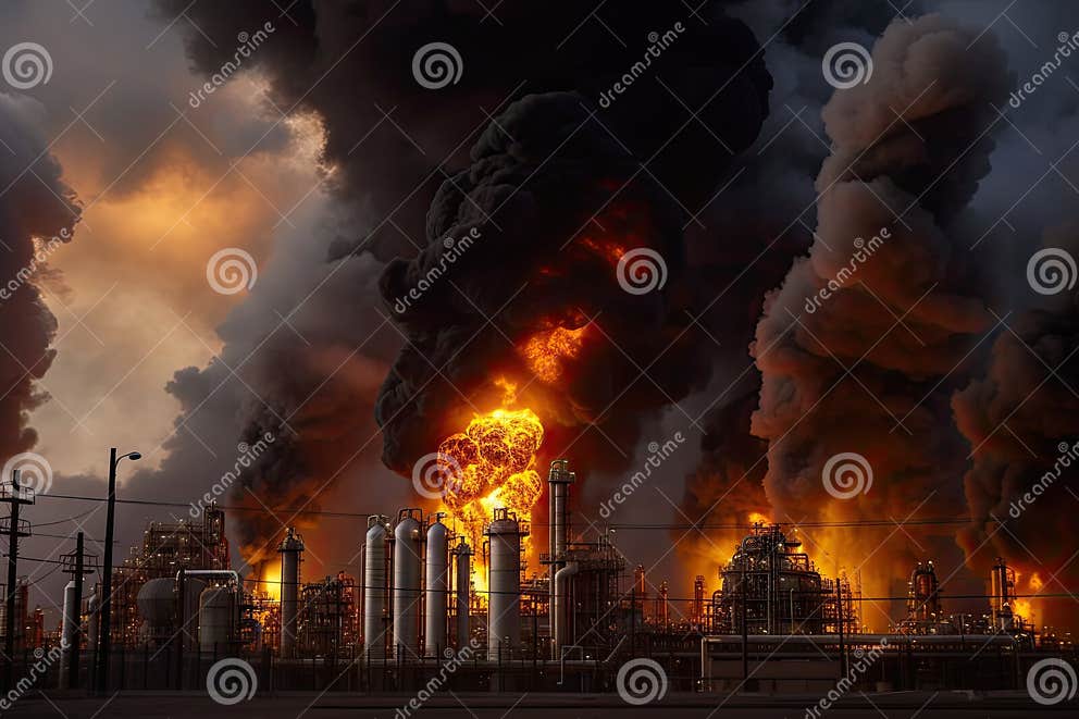 Petrochemical Plant, with Flames and Smoke Billowing into the Air Stock ... Petrochemical Plant, with Flames and Smoke Billowing into the Air Stock ...
