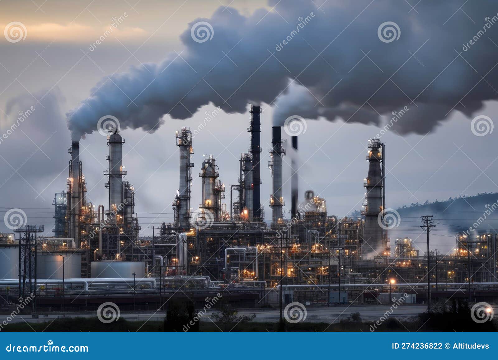 Petrochemical Plant, with Smoke Billowing from Tall Chimneys and Tanks ... Petrochemical Plant, with Smoke Billowing from Tall Chimneys and Tanks ...