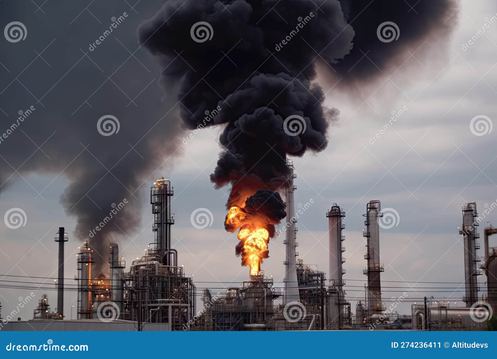 Petrochemical Plant, with Smoke and Flames Billowing from Tall Chimneys ... Petrochemical Plant, with Smoke and Flames Billowing from Tall Chimneys ...