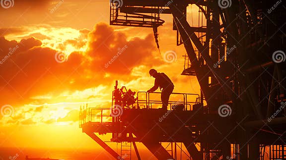 Petroleum Technician Working on Oil Rig at Sunset. this is AI ...