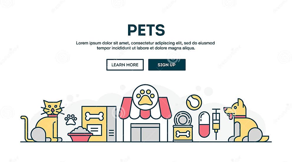 Pets, Colorful Concept Header, Flat Design Thin Line Style Stock ...