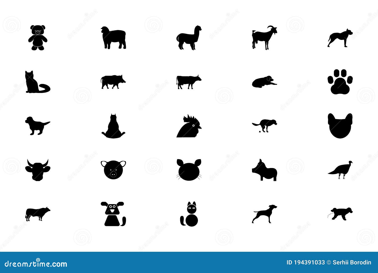 Pets Farm Animals Black Color Set Solid Style Flat Vector Image Stock ...