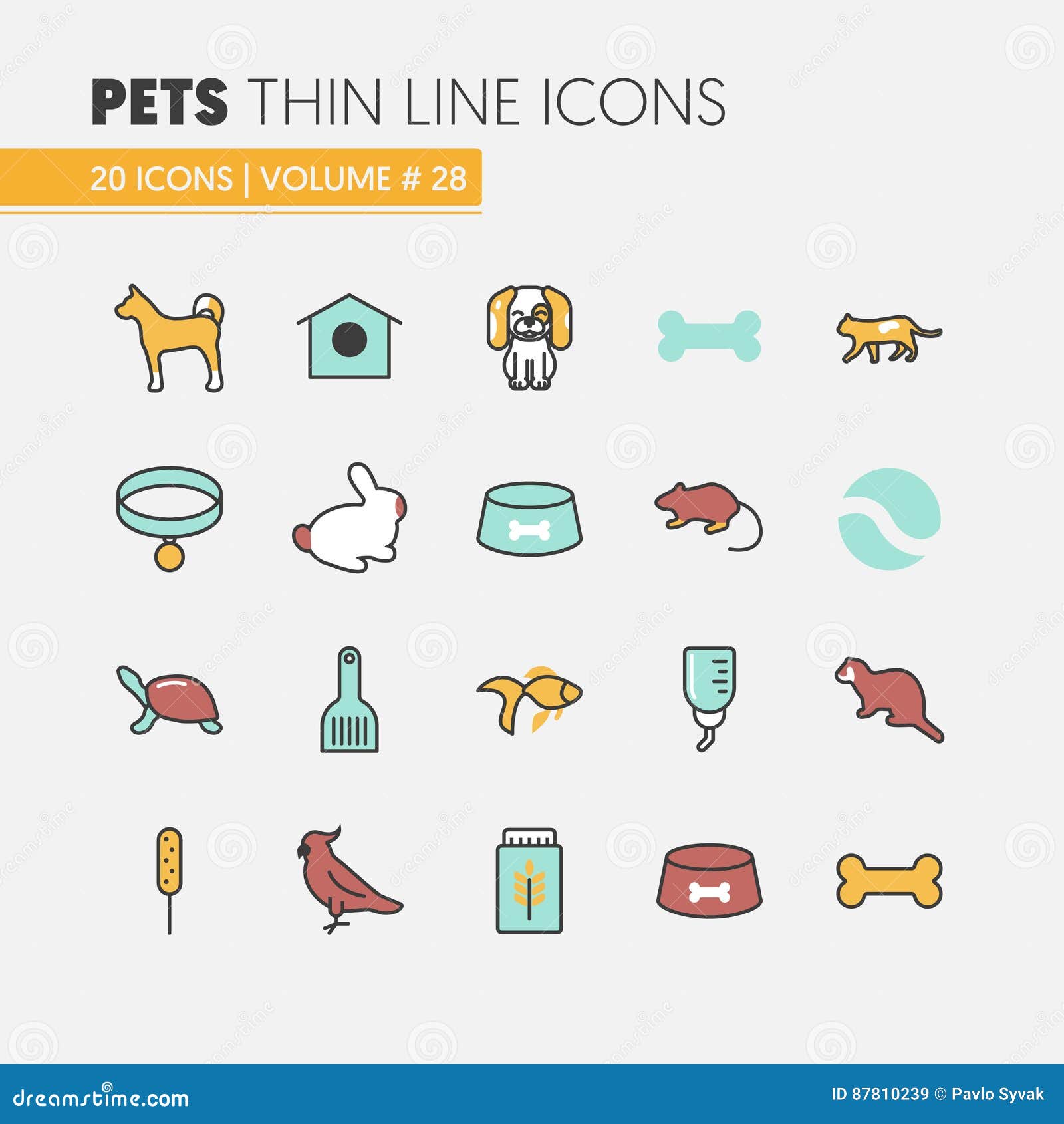 Pets Linear Thin Line Icons Set with Dog Cat Bird and Fish Stock Vector ...