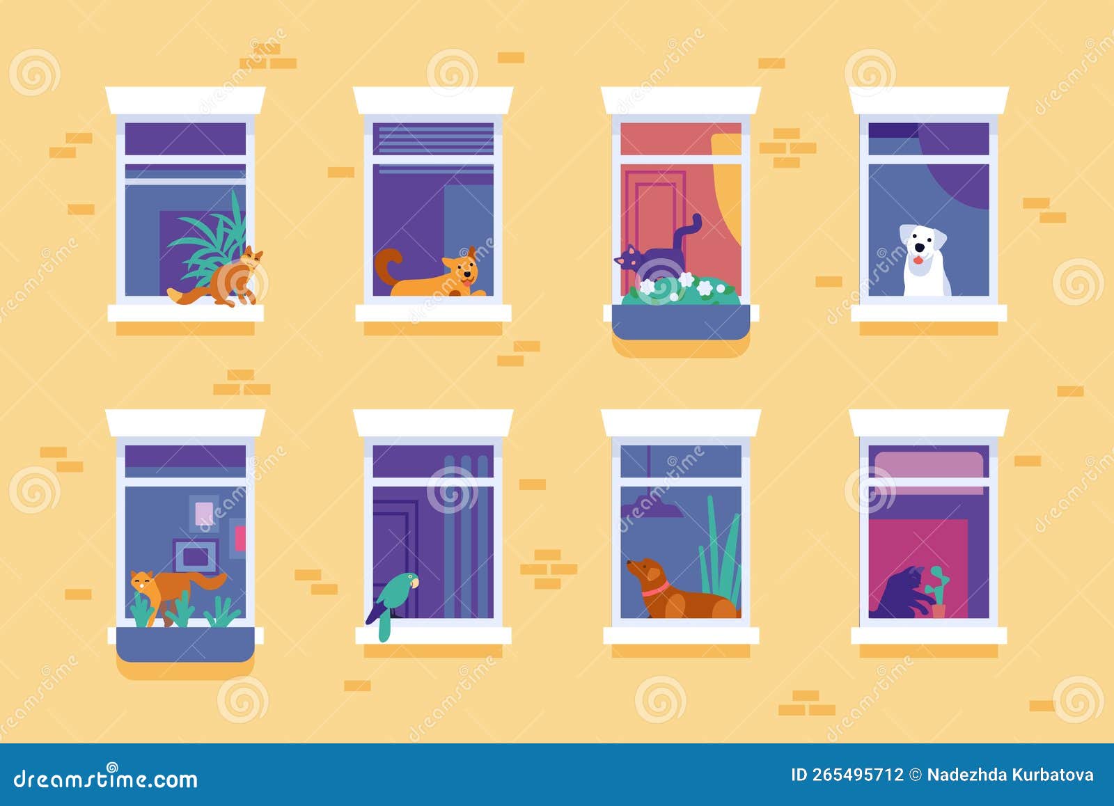 Pets in Windows of House. Residential Building Facade. Cat or Dog ...