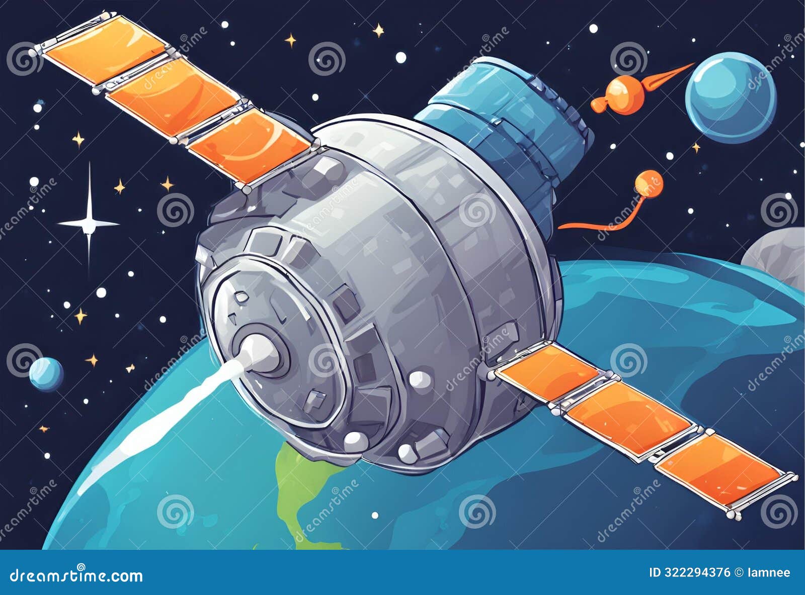 Orbiting Beacon Bridges Global Communication.Cartoon Retro Abstract Art ...