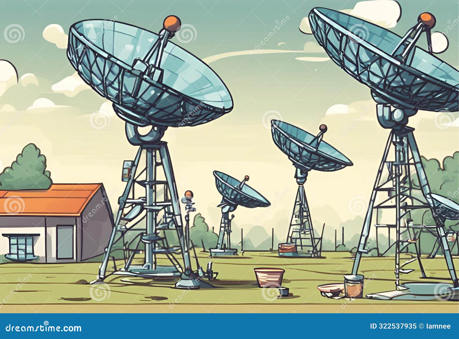 Orbiting Beacon Bridges Global Communication.Cartoon Retro Abstract Art ...