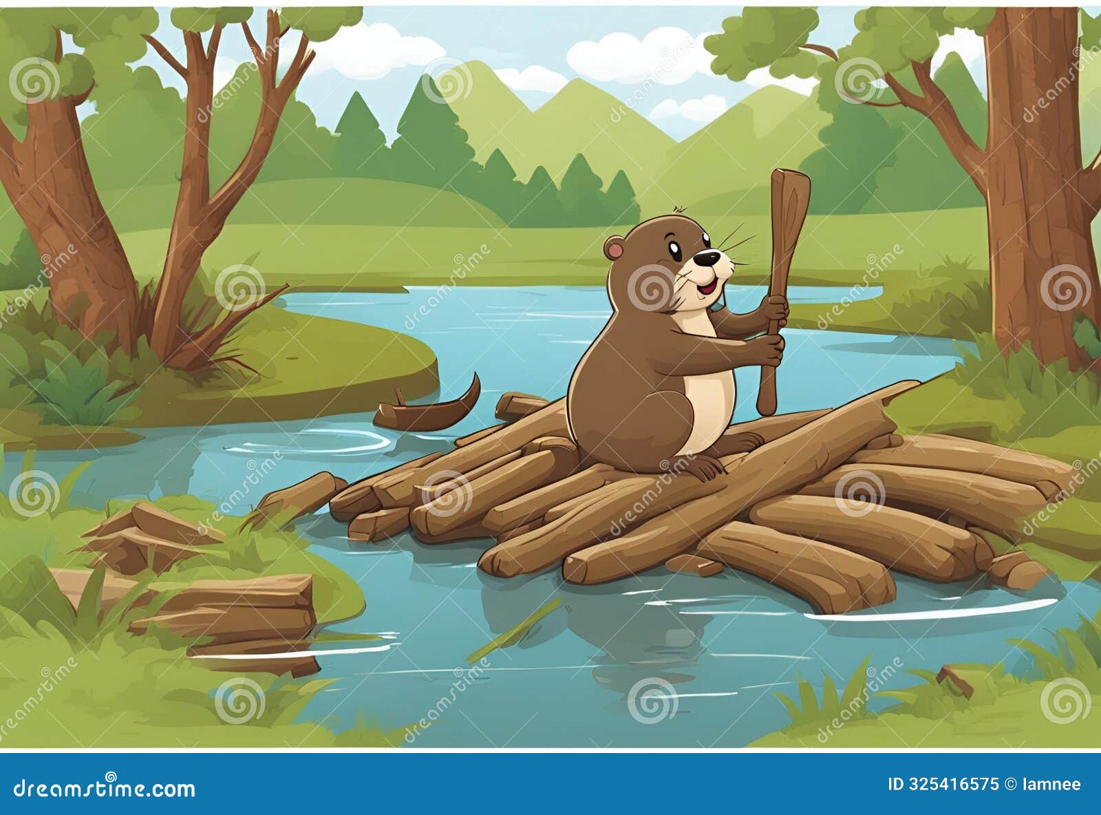 Beaver Building Dam with Twig.Cartoon Abstract Art.AI Generated Stock ...
