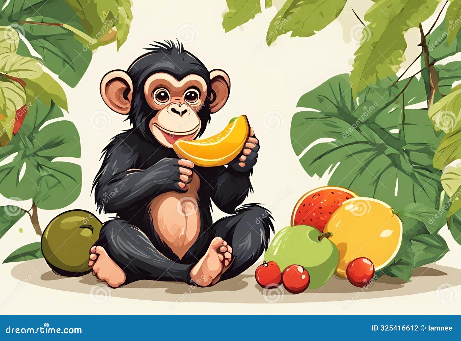 Little Chimpanzee Sitting and Eating Fruit.Cartoon Abstract Art.AI ...