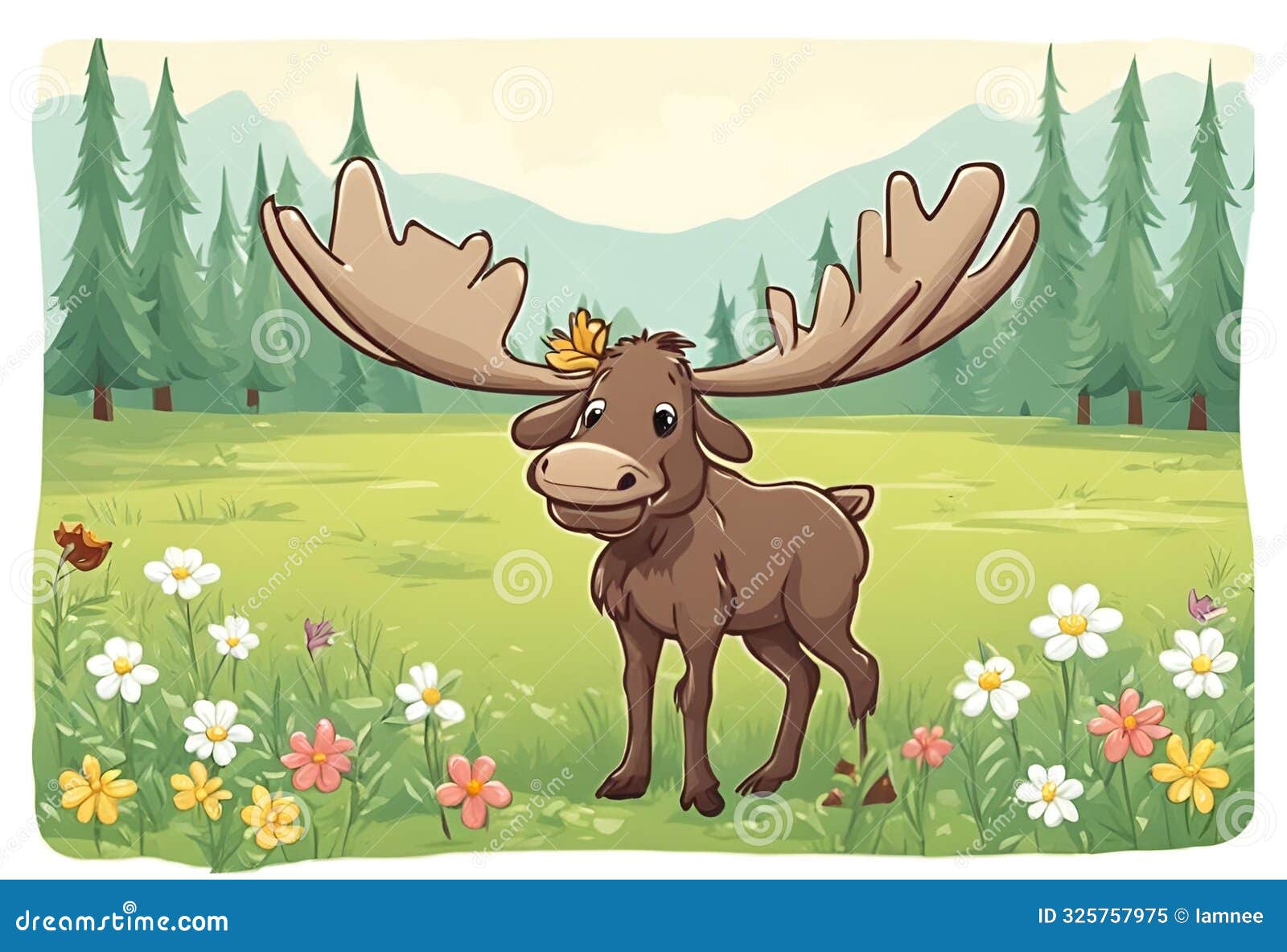 Moose is Foraging for Food in the Forest among the Trees.Cartoon ...