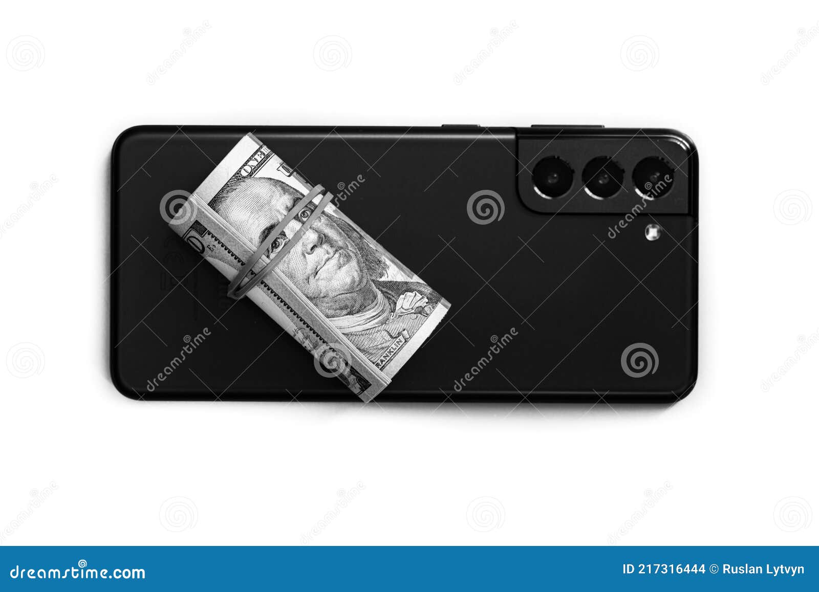 Phantom Grey Smart Phone and Roll of 100 Dollars Stock Photo - Image of ...