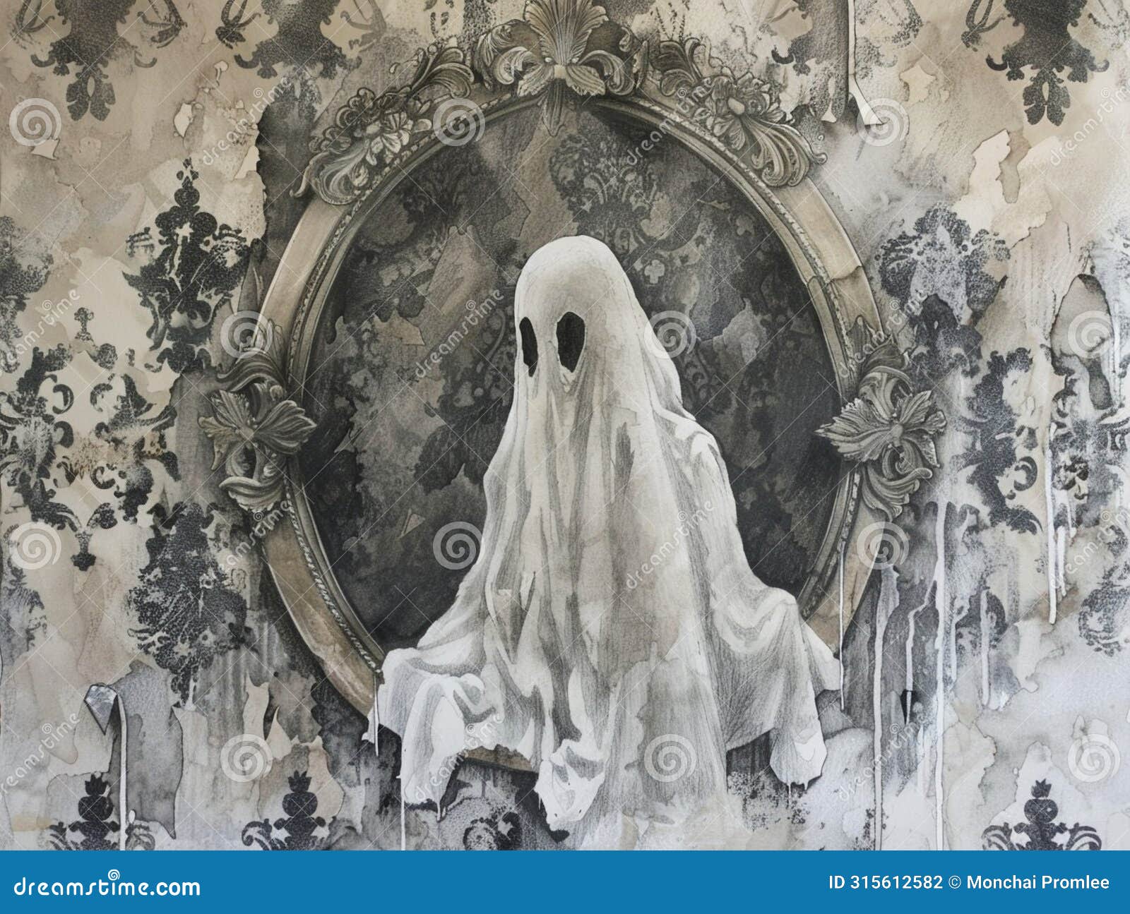 Phantom In An Old Mirror, Ghostly White And Silver, Watercolor, Hand ...