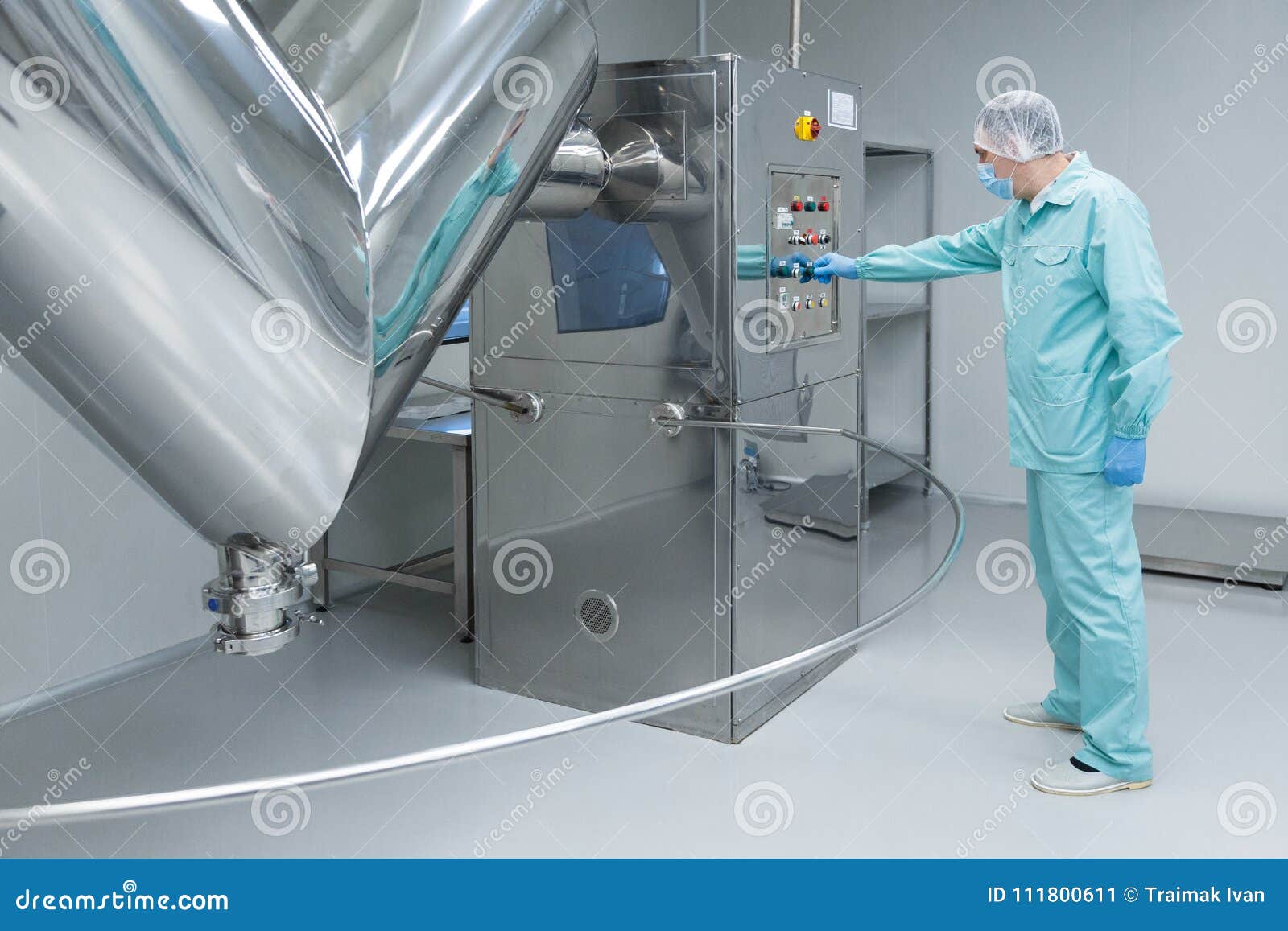 Pharmaceutical Factory Man Worker in Protective Clothing Working with ...