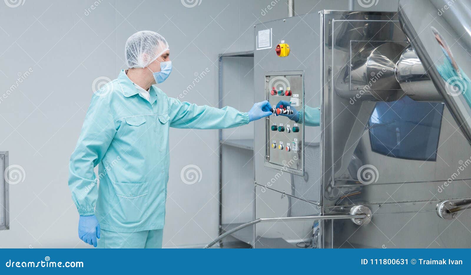 Pharmaceutical Factory Man Worker in Protective Clothing Working with ...