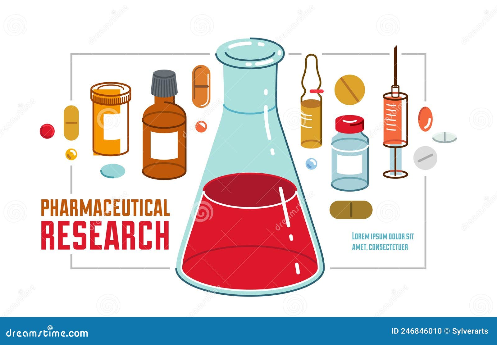 Pharmaceutical Research Vector Illustration with Chemical Flask and ...