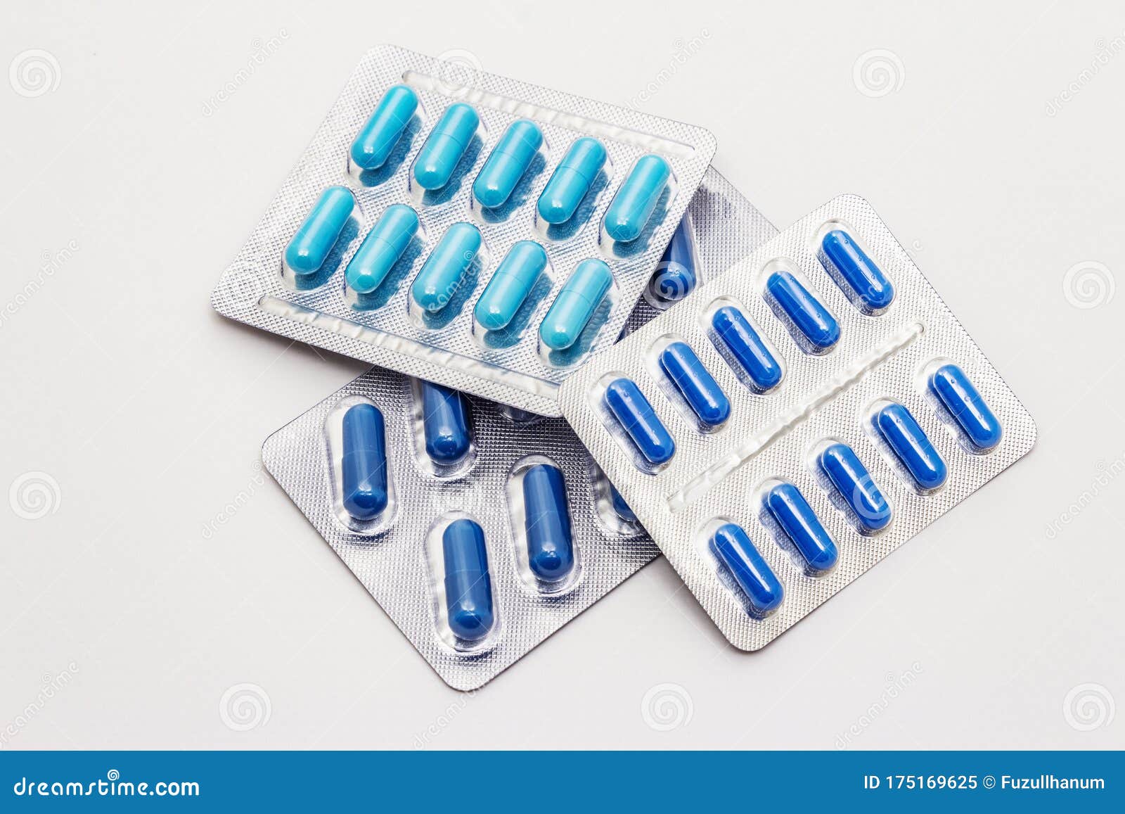 Pharmaceutical Tablets, Various Blue and Navy Blue Capsules in Blister ...
